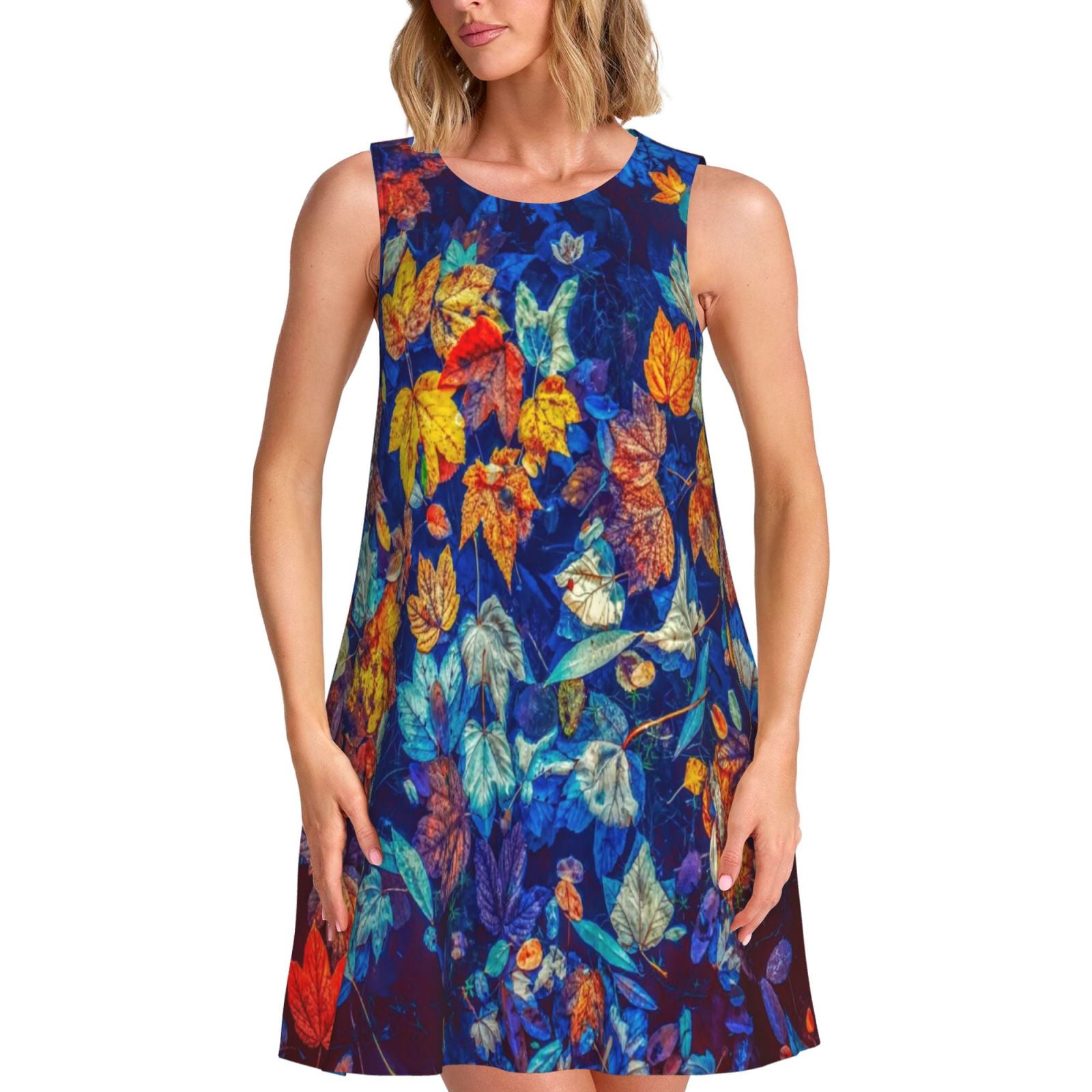 Fotbe Colorful Fall Leaves Pattern Women’s Summer Tank Midi Dress ...