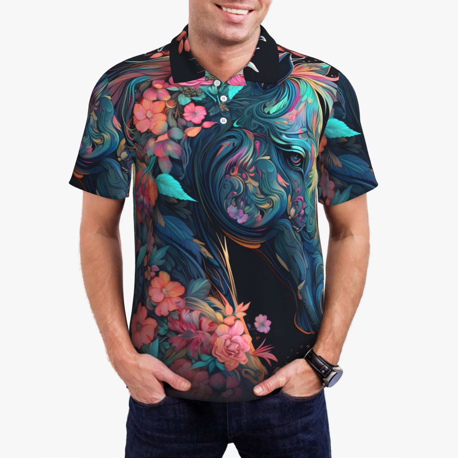 Fotbe Colorful Floral Patterned Horse Pattern Men’s Golf Polo Shirt ...