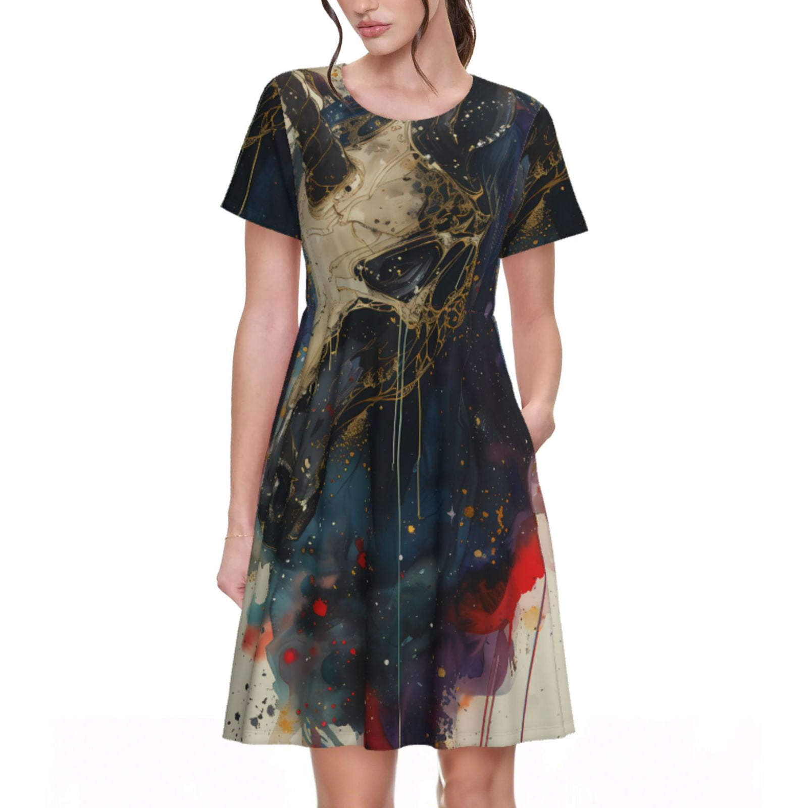 Fotbe Colorful Ink Cute Horse Pattern Dress Casual Womens Fashion Short ...