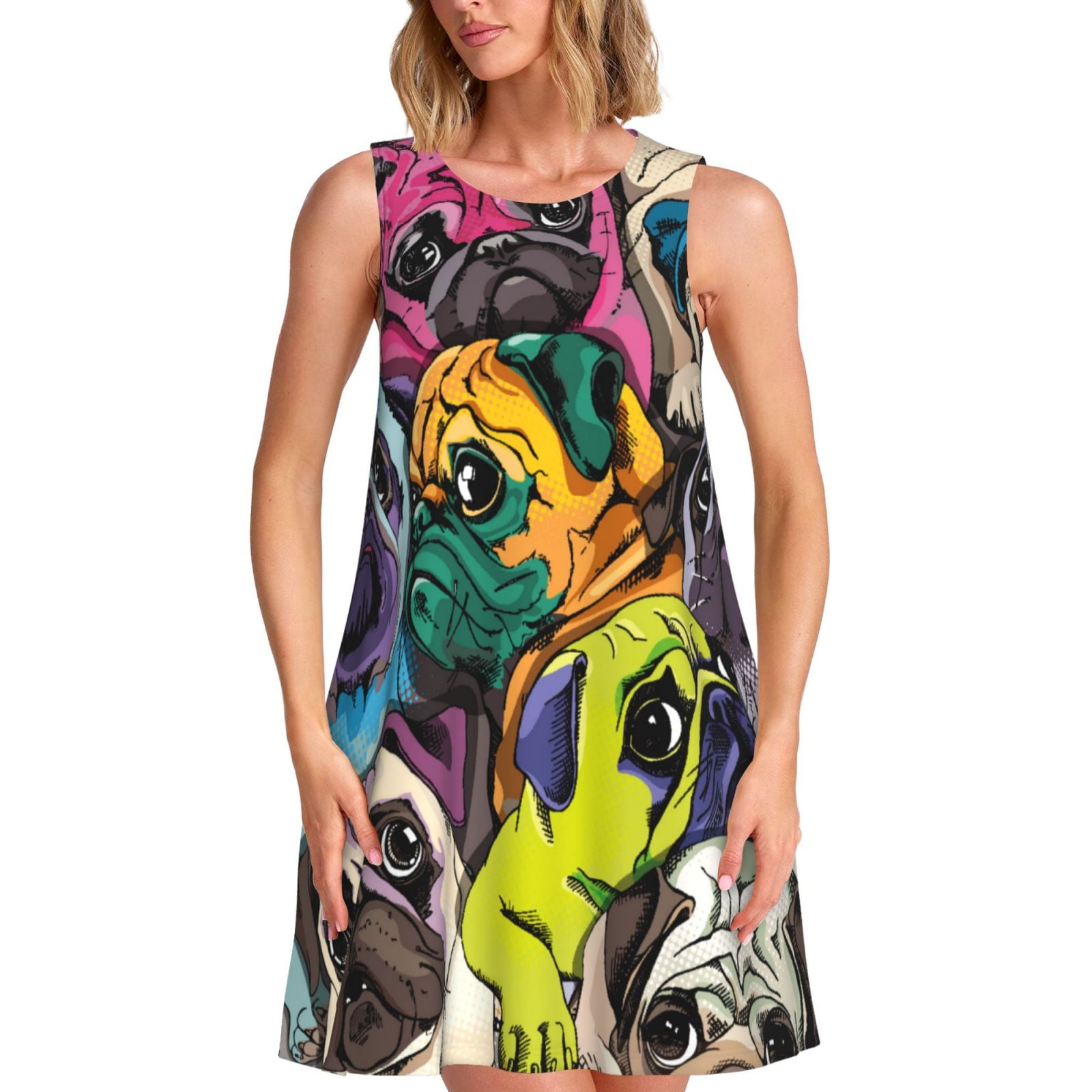Fotbe Colorful Pug Pattern Women’s Summer Tank Midi Dress – Sleeveless ...