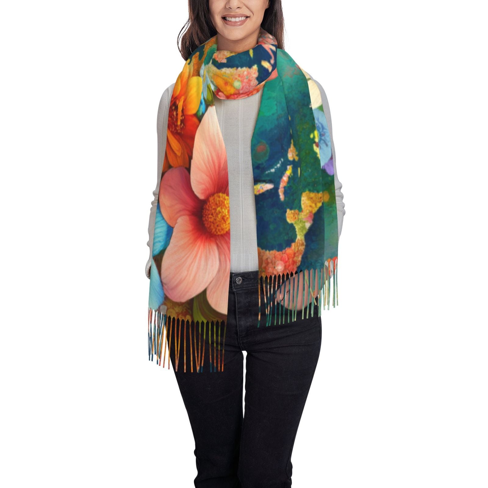 Fotbe Colorful World Map Print Womens Fall Winter Scarf Tassel Soft Warm Blanket Scarves Womens ...