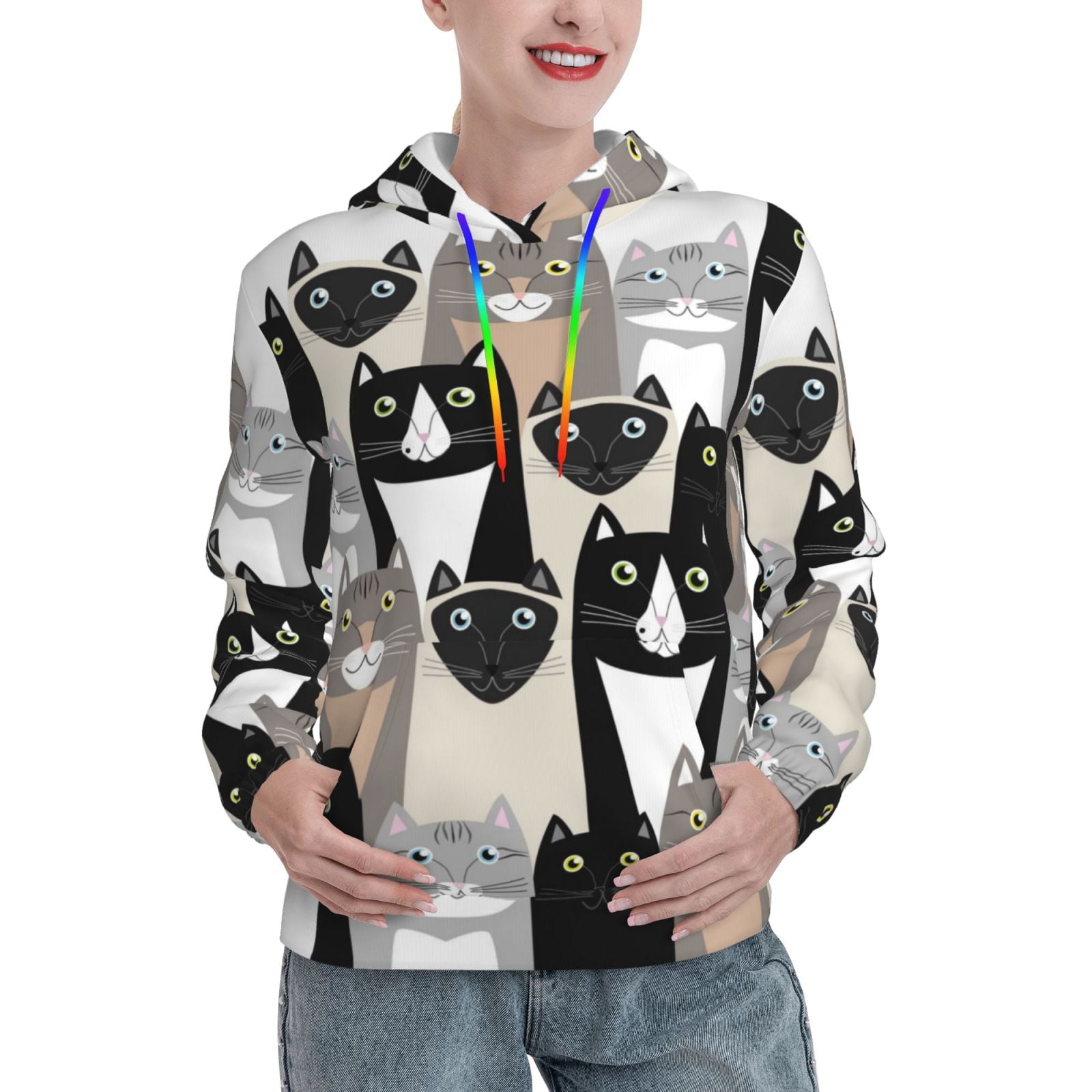 Fotbe Colors Cats Pattern Womens Long Sleeve Hoodie, Pullover Hooded ...