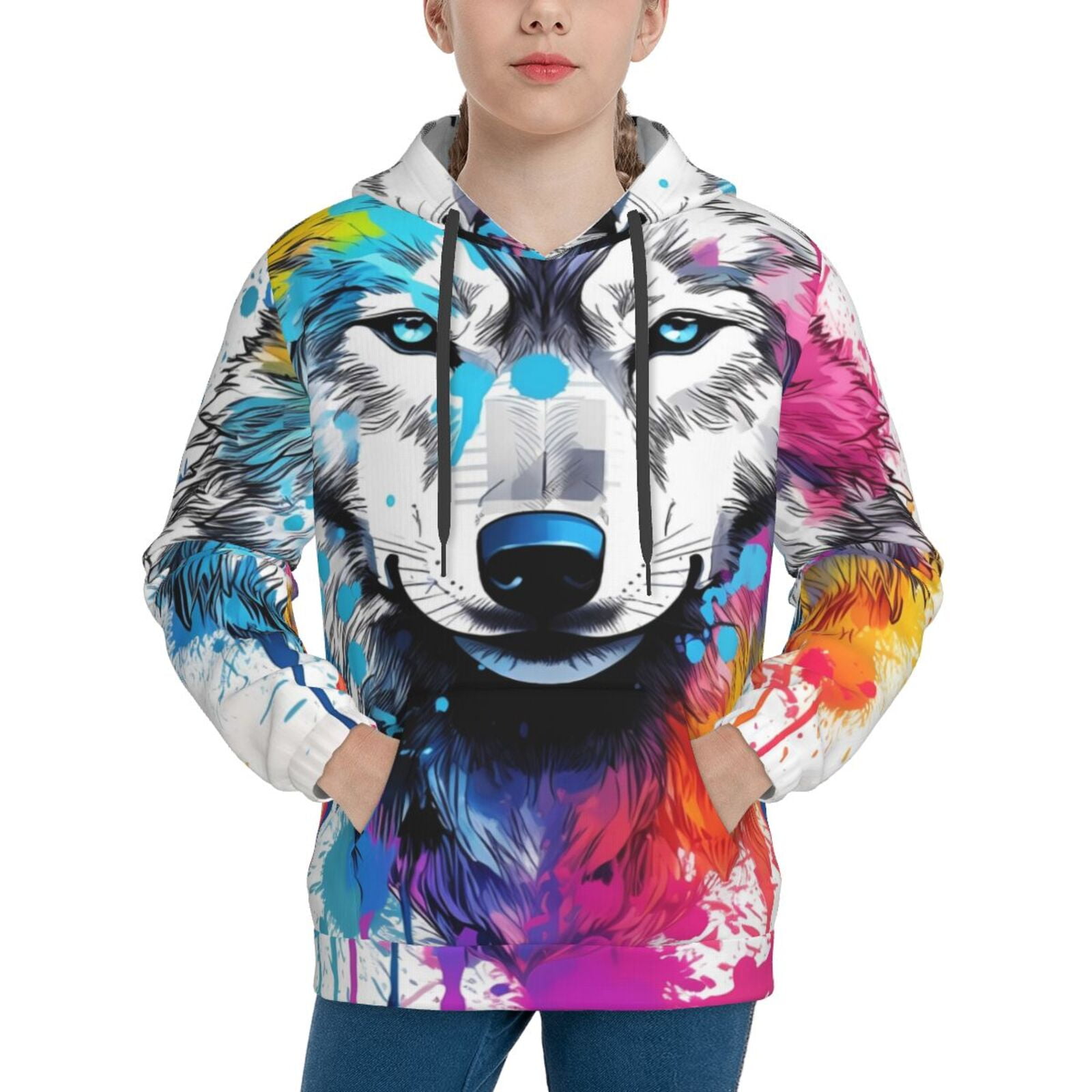 Fotbe Cool Colorful Wolf Pattern Youth Pullover Hooded Sweatshirt, Boys ...