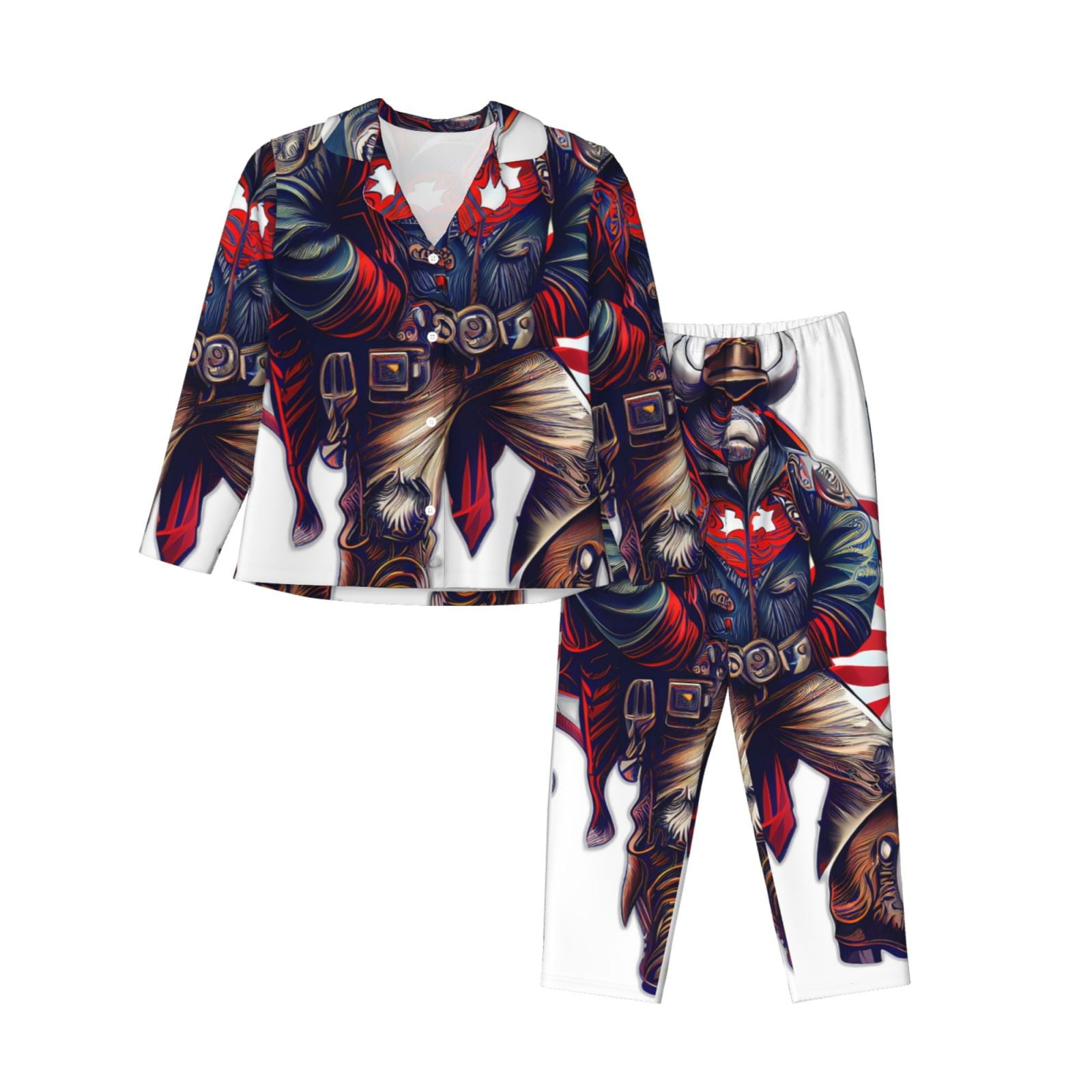 Fotbe Cool Patriotic Buffalo Cowboy Pattern Long Sleeve Pajama Set for ...
