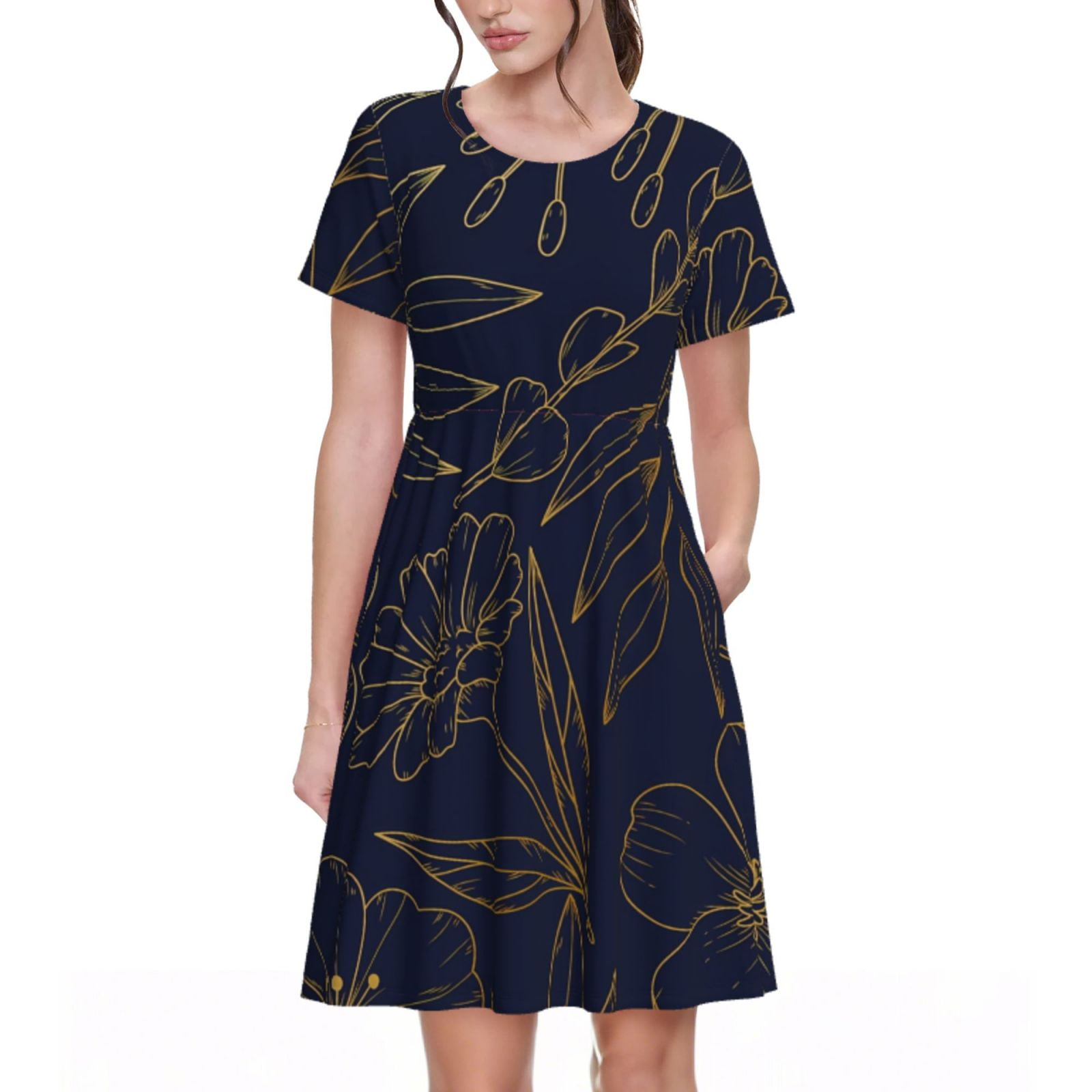 Fotbe Copper-Gold Gloss Outline Flower Pattern Dress Casual Womens ...