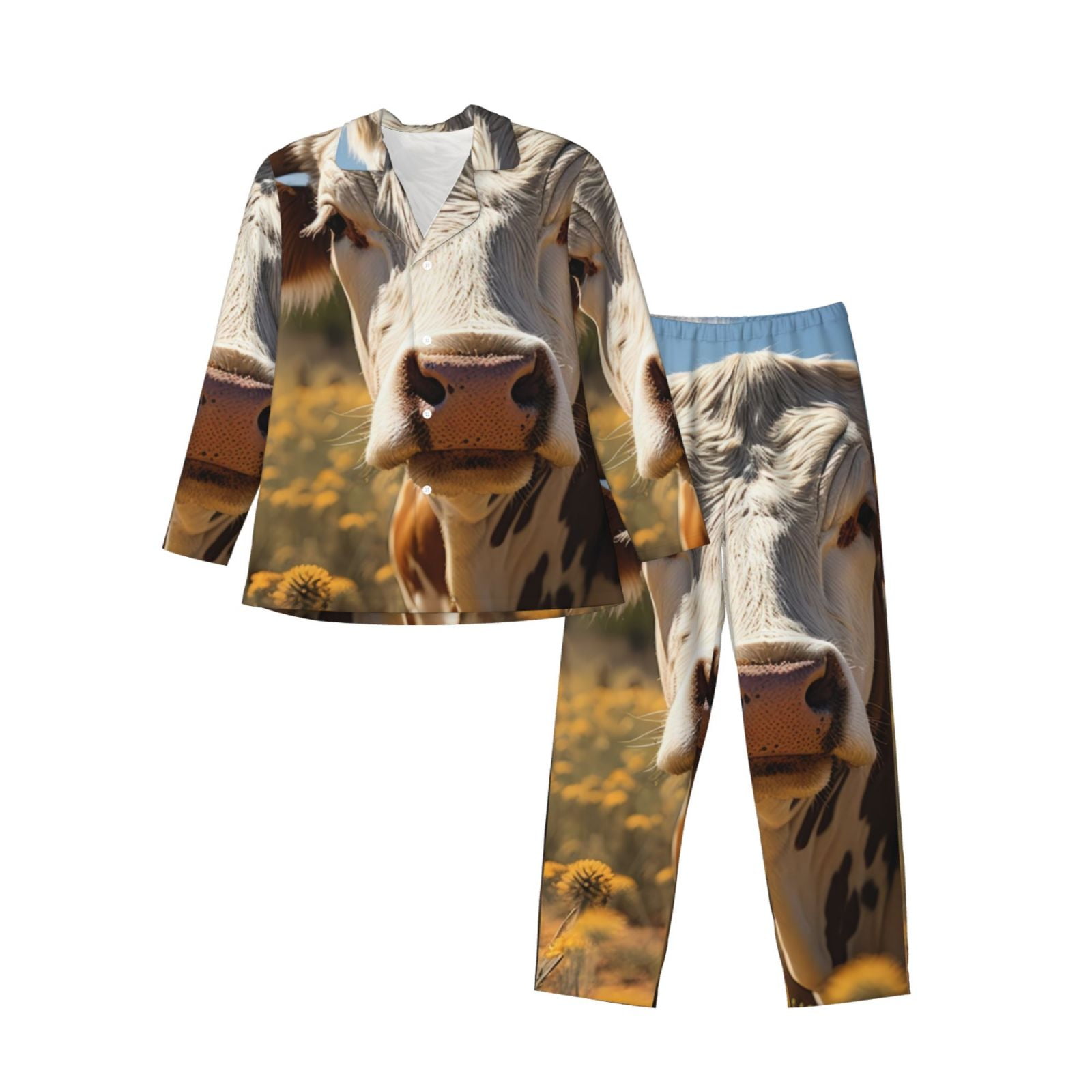 Fotbe Countryside Flower Cow Pattern Long Sleeve Pajama Set for Men ...