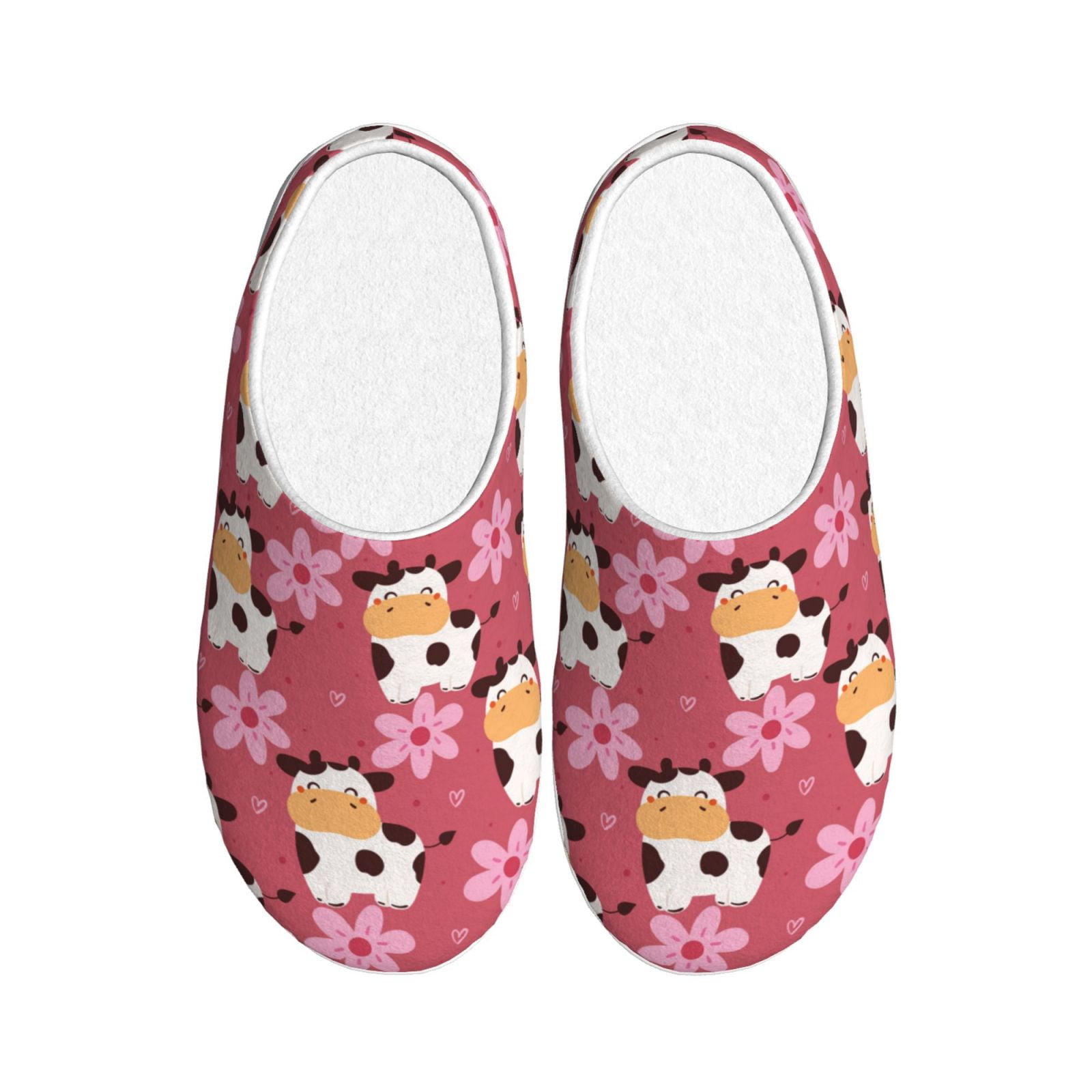 Fotbe Cow And Flower Pattern Women's Fuzzy Curly Fur Memory Foam Loafer ...