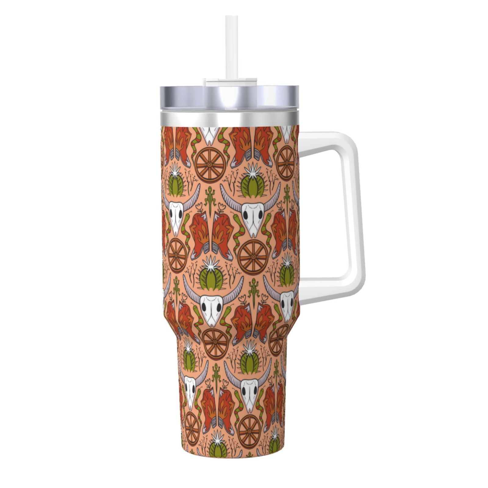 Fotbe Cow Skull Pattern 40oz Ice Bully With Handle And Straw Stainless ...