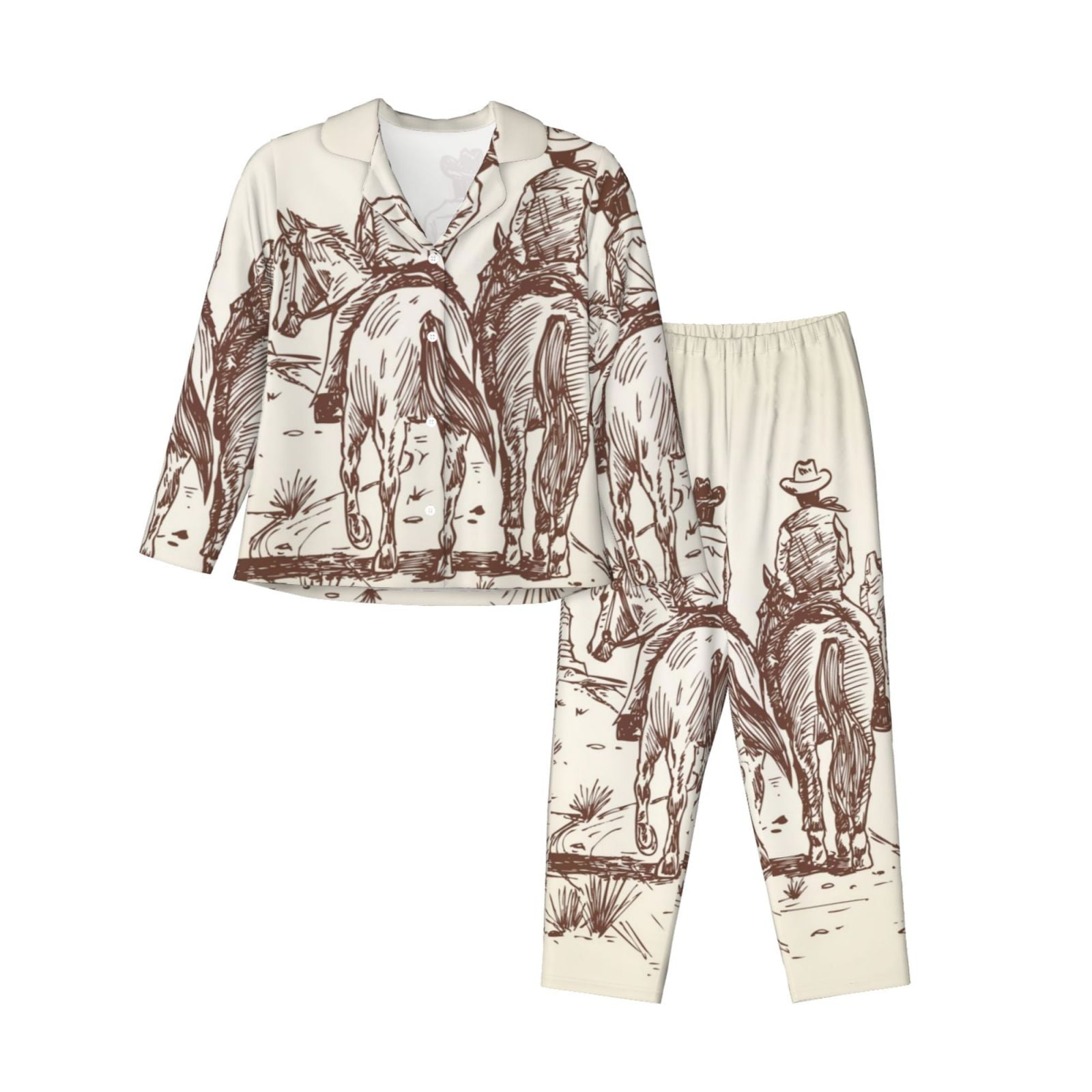Fotbe Cowboys Riding Horses Pattern Long Sleeve Pajama Set for Women ...