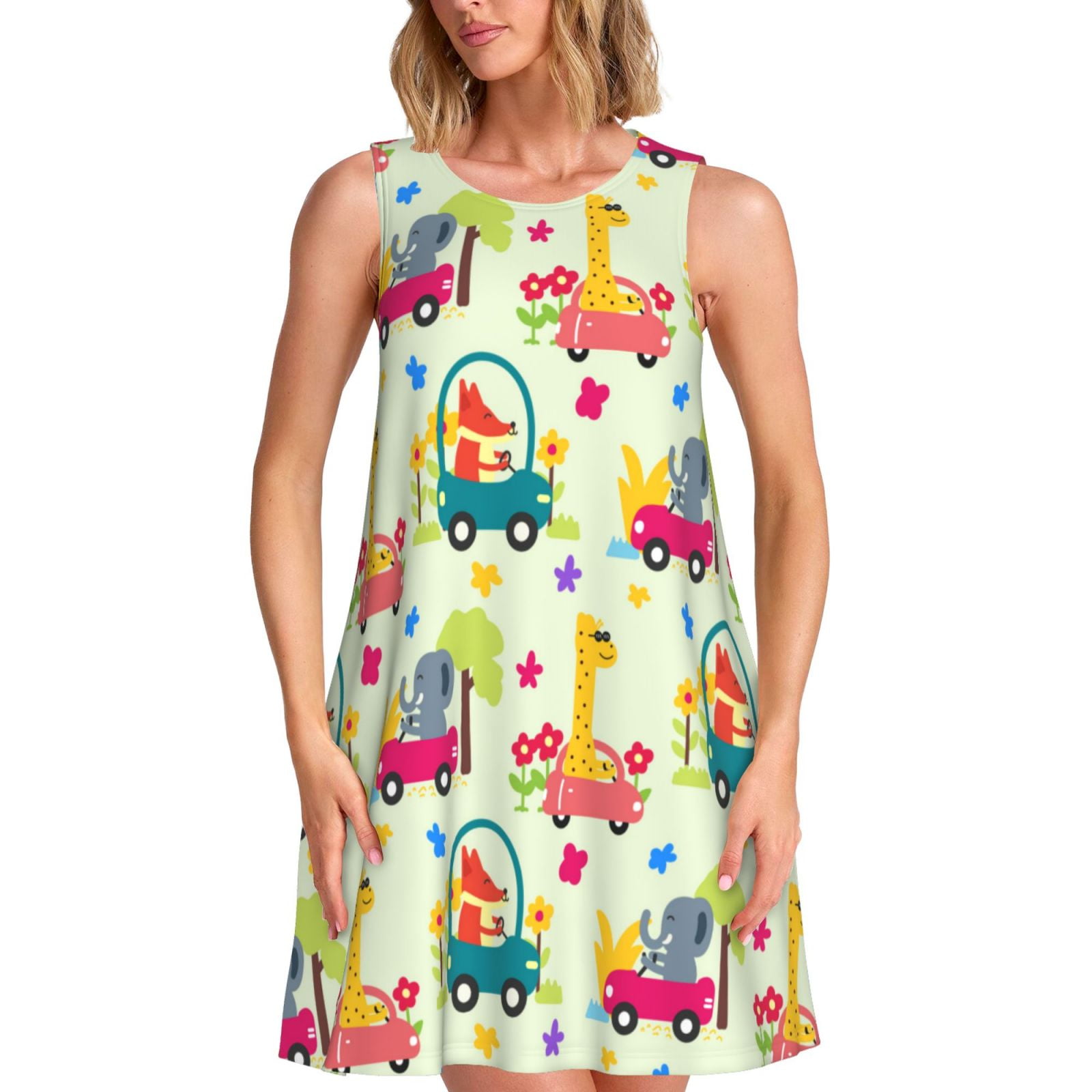 Fotbe Cute Animals driving a car Pattern Women’s Summer Tank Midi Dress ...