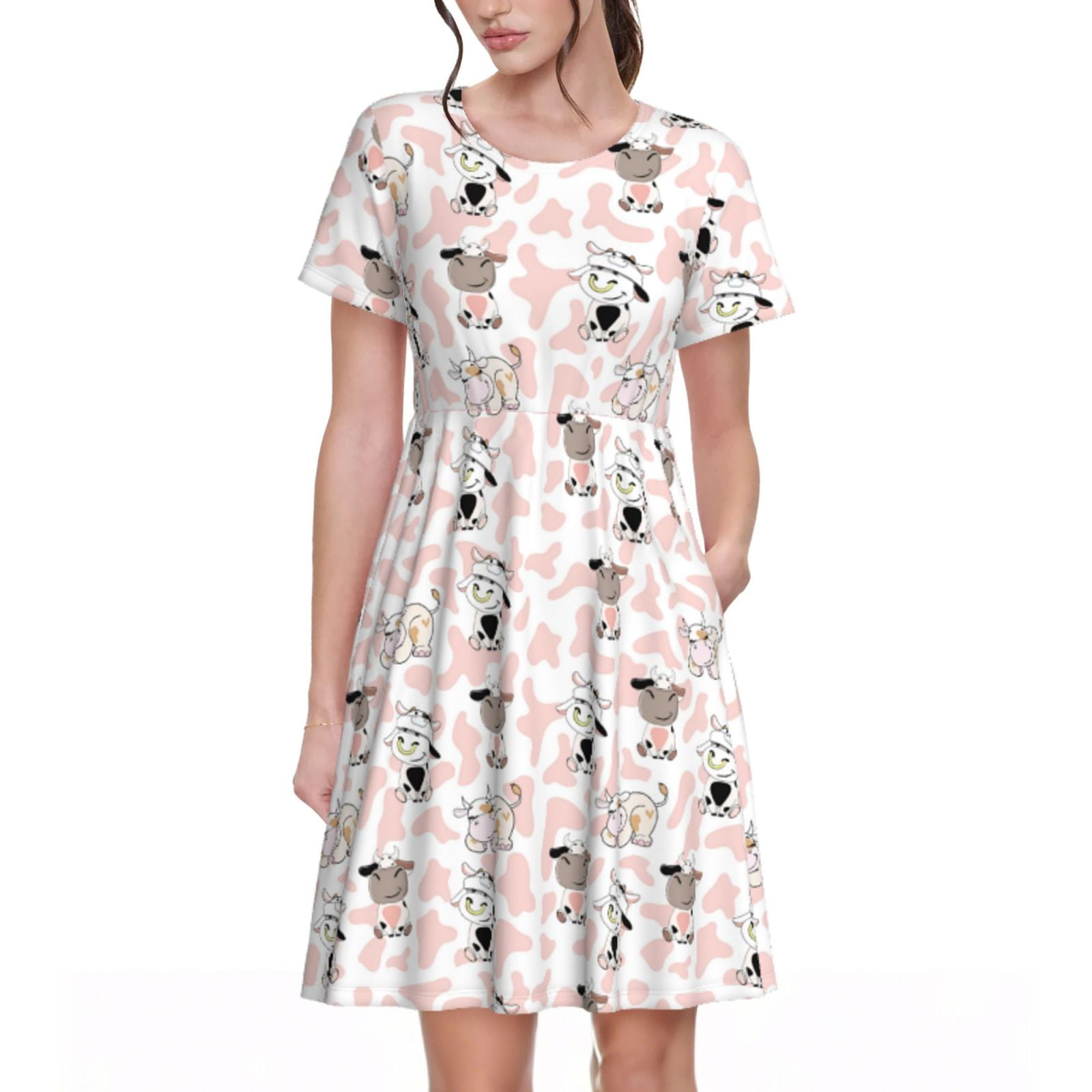 Fotbe Cute Cartoon Cows Pattern Dress Casual Womens Fashion Short ...