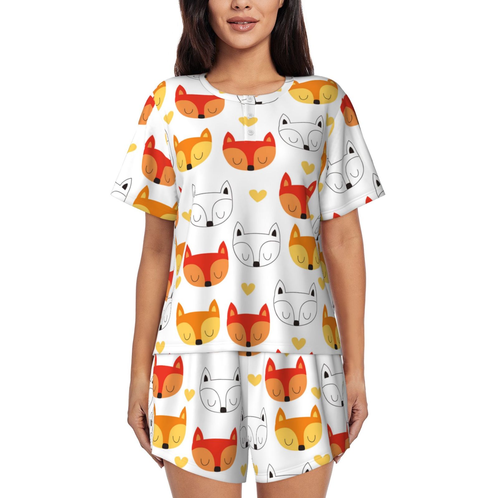 Fotbe Cute Fox with Heart Print Pajama Set for Women 2 Piece Loungewear ...