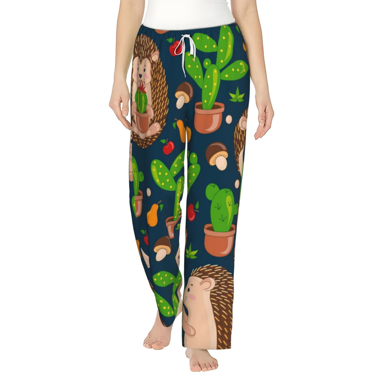 Fotbe Cute Hedgehogs Cactus Blue Women's Pajama Pants,Sleepwear Pants ...