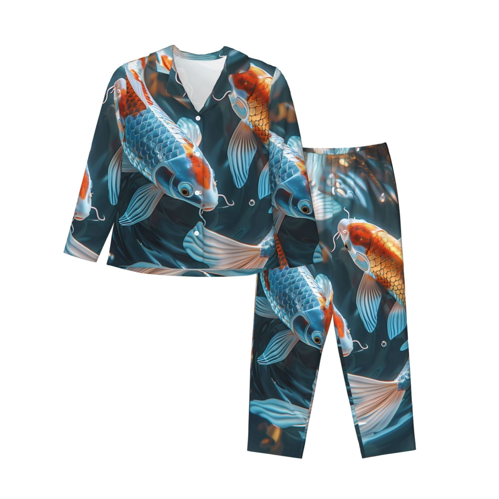 Fotbe Cute Koi Fish Serenity Pattern Long Sleeve Pajama Set for Women ...