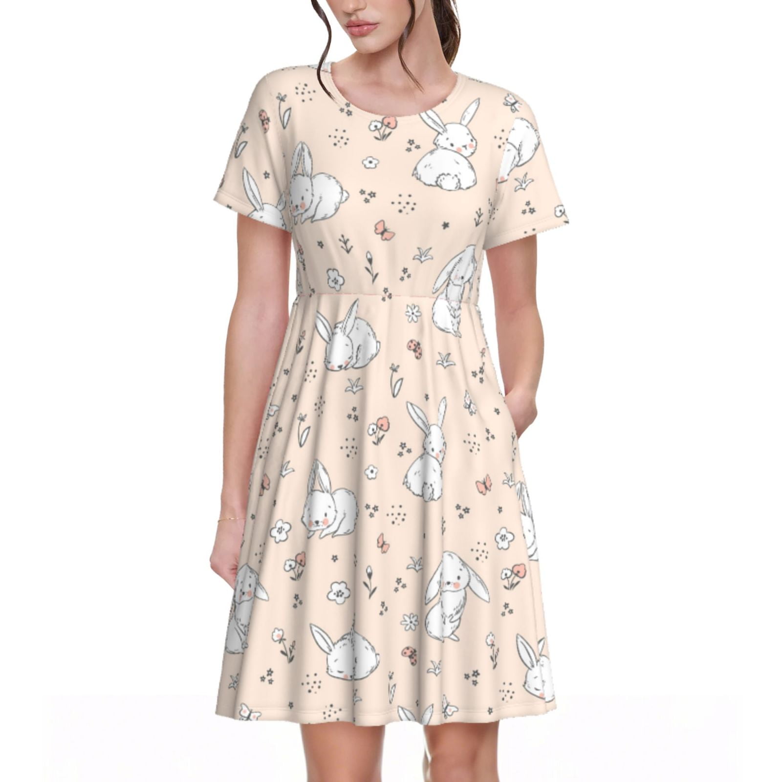 Fotbe Cute Rabbit Pattern Dress Casual Womens Fashion Short Sleeve Maxi ...
