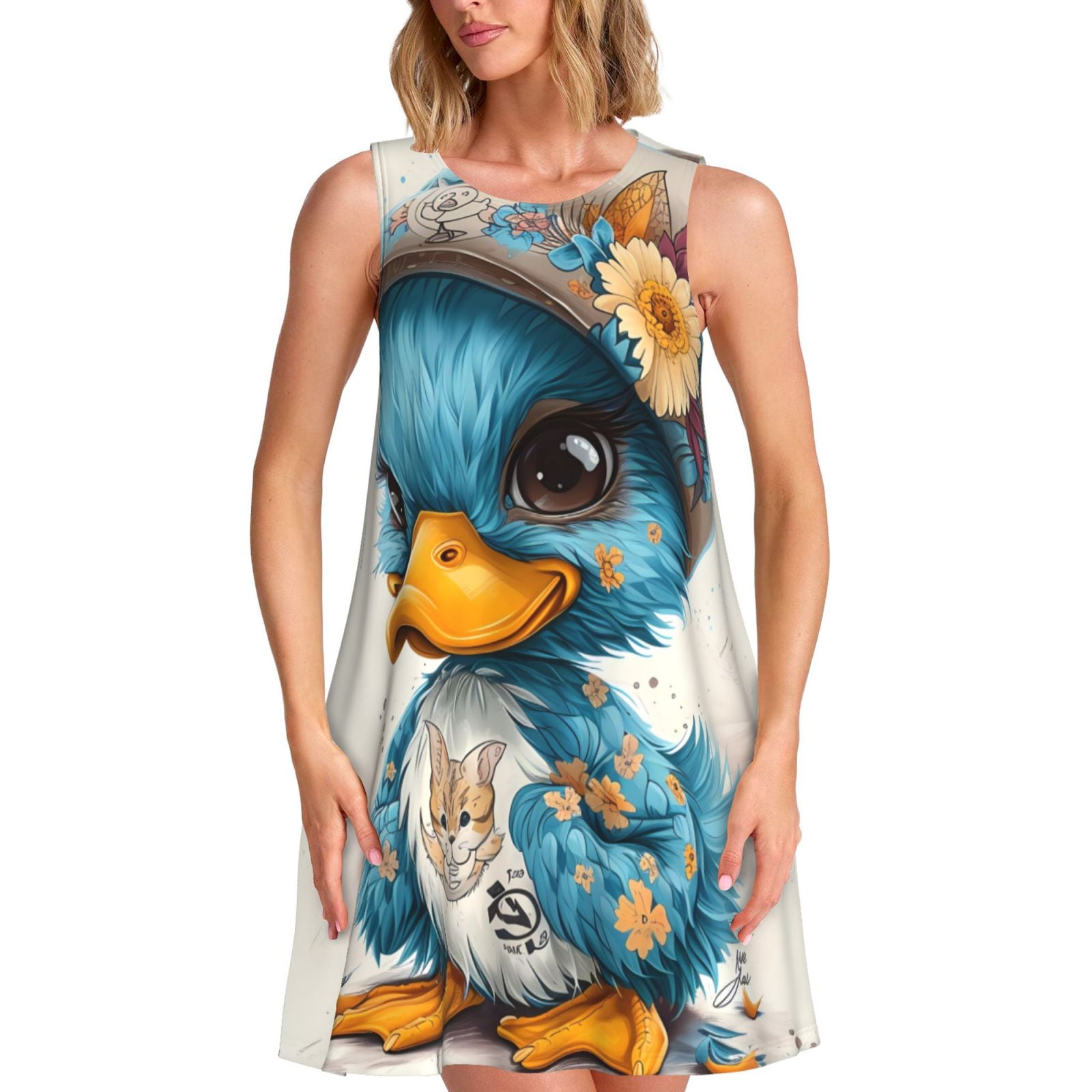 Fotbe Cute Sunflower Blue Duck Pattern Women’s Summer Tank Midi Dress ...