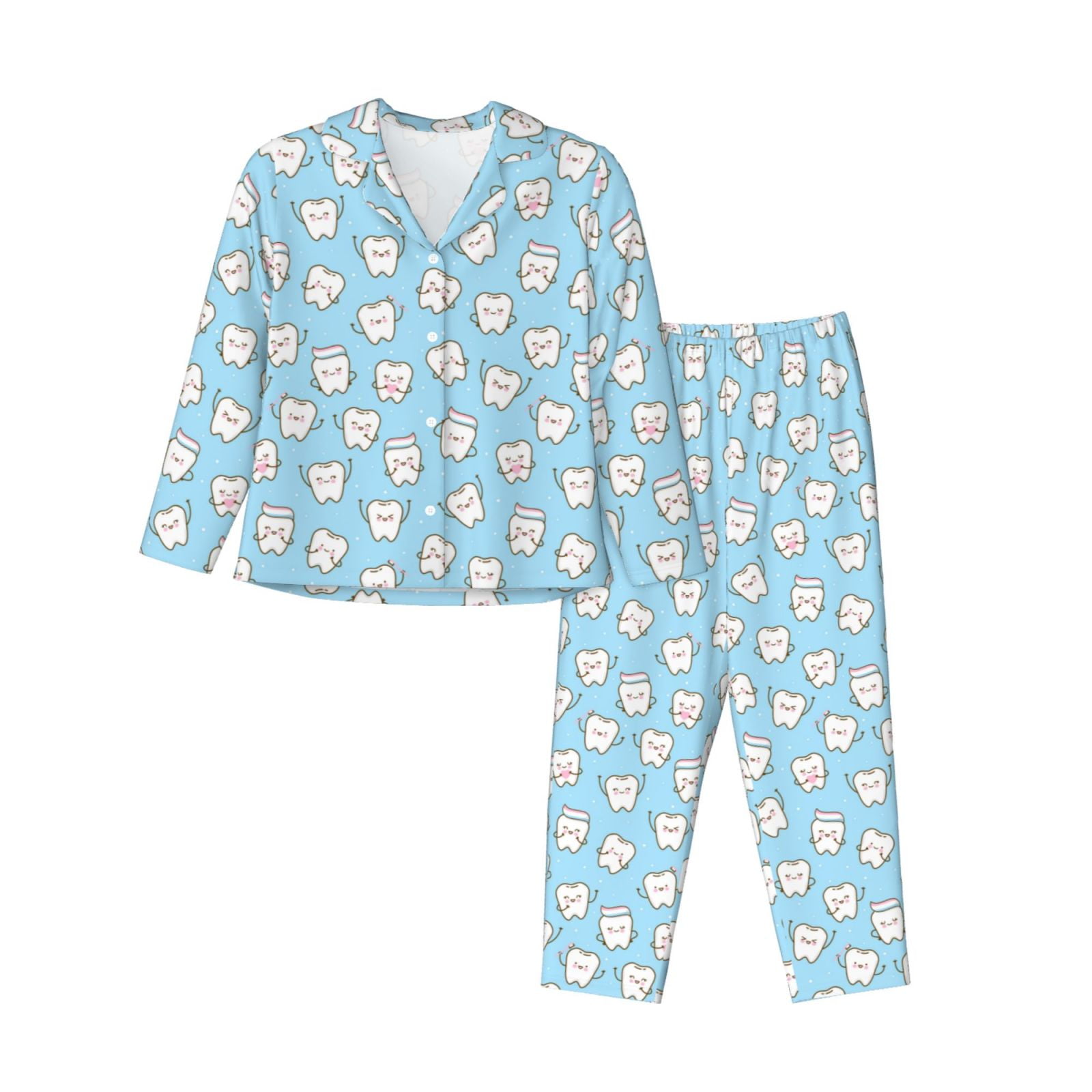 Fotbe Cute Teeth Pattern Long Sleeve Pajama Set for Women,Sleepwear Set ...