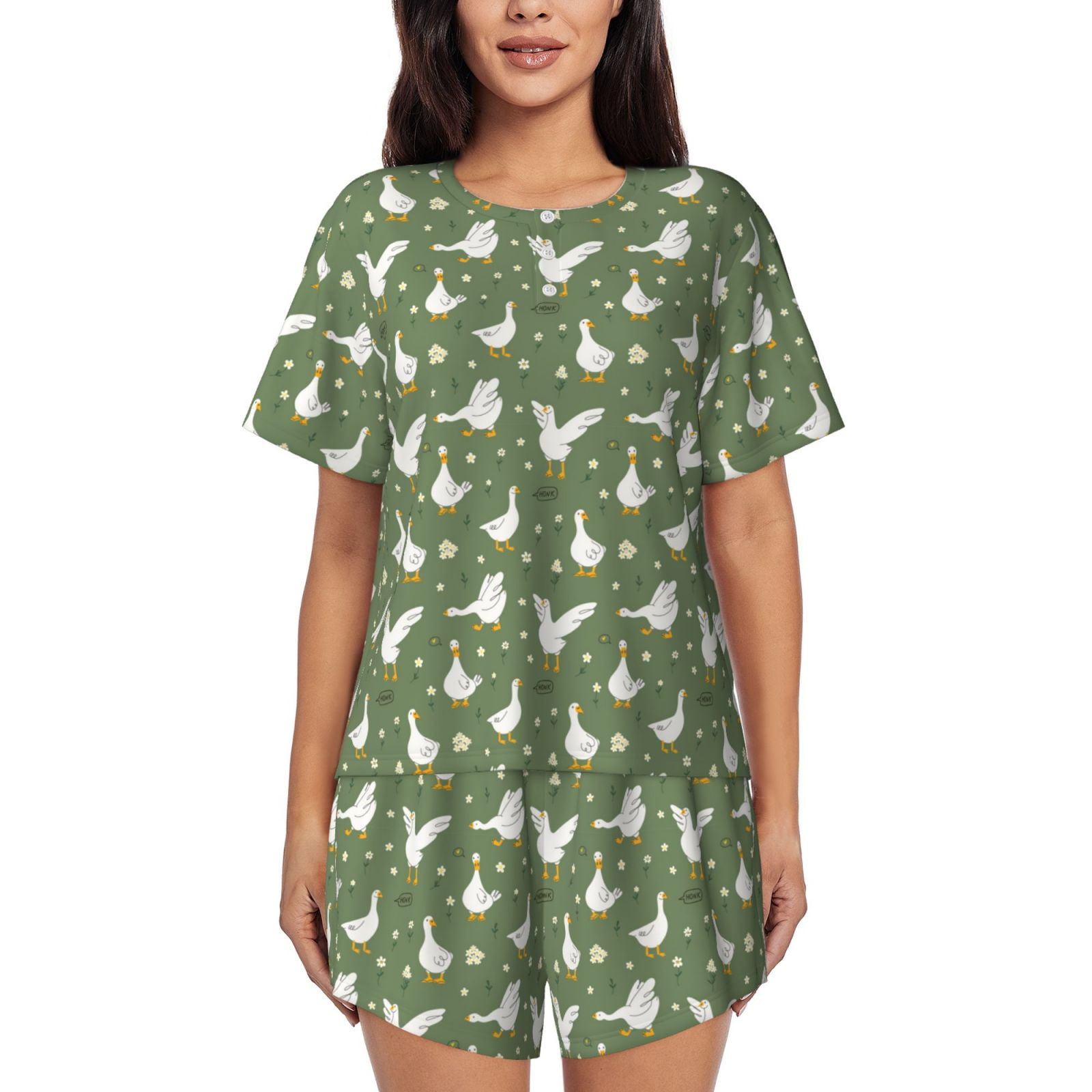 Fotbe Cute goose Print Pajama Set for Women 2 Piece Loungewear Short ...
