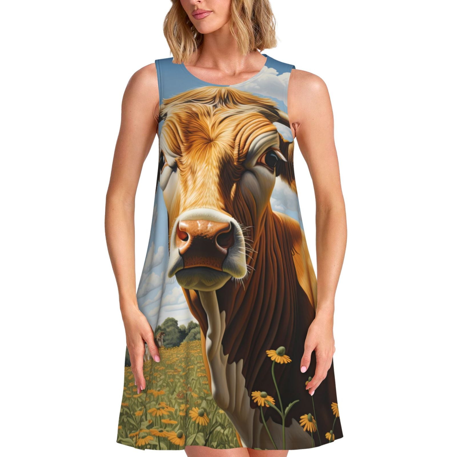 Fotbe Daisy Flower Field Cow Pattern Women’s Summer Tank Midi Dress ...