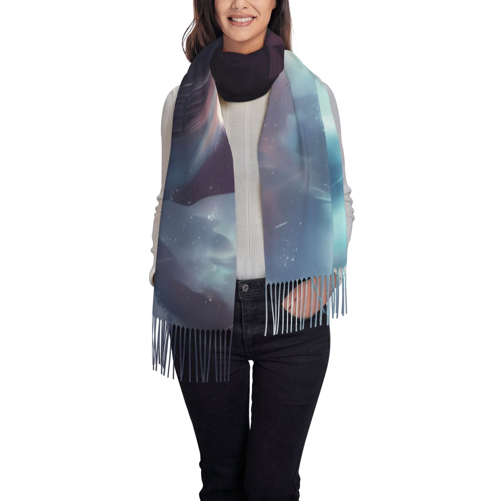 Fotbe Dramatic Shark Attack Print Womens Fall Winter Scarf Tassel Soft ...