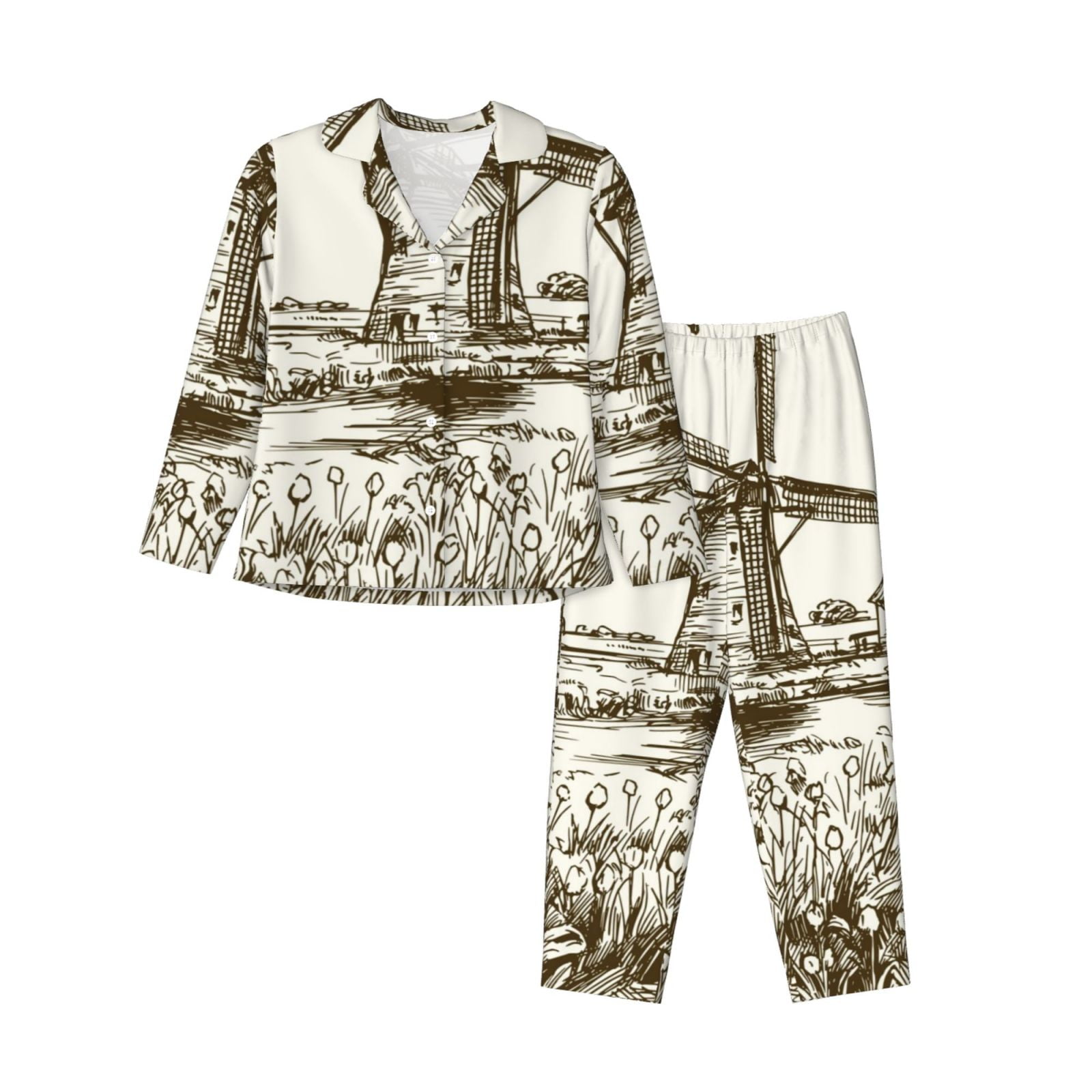 Fotbe Dutch Windmill Pattern Long Sleeve Pajama Set for Women,Sleepwear ...