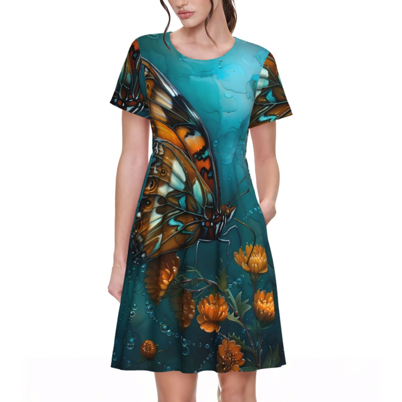 Fotbe Elegant Butterfly And Flowers Pattern Dress Casual Womens Fashion ...