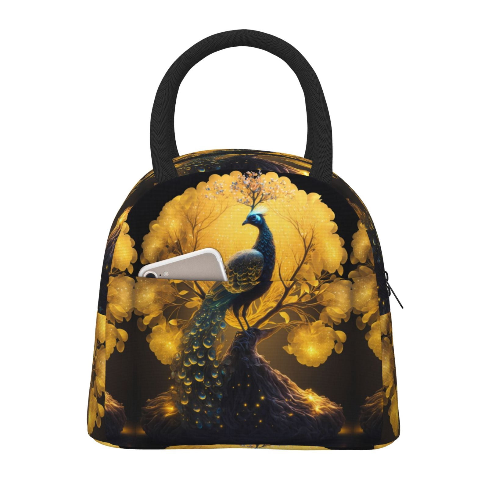Fotbe Elegant Gold Leaf Peacock Pattern Lunch Bag, Insulated Lunch Box ...