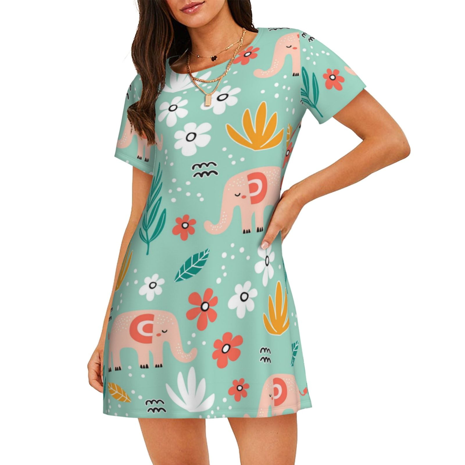 Fotbe Elephant and Flowers Pattern Women's Cotton Nightgown Sleepwear ...