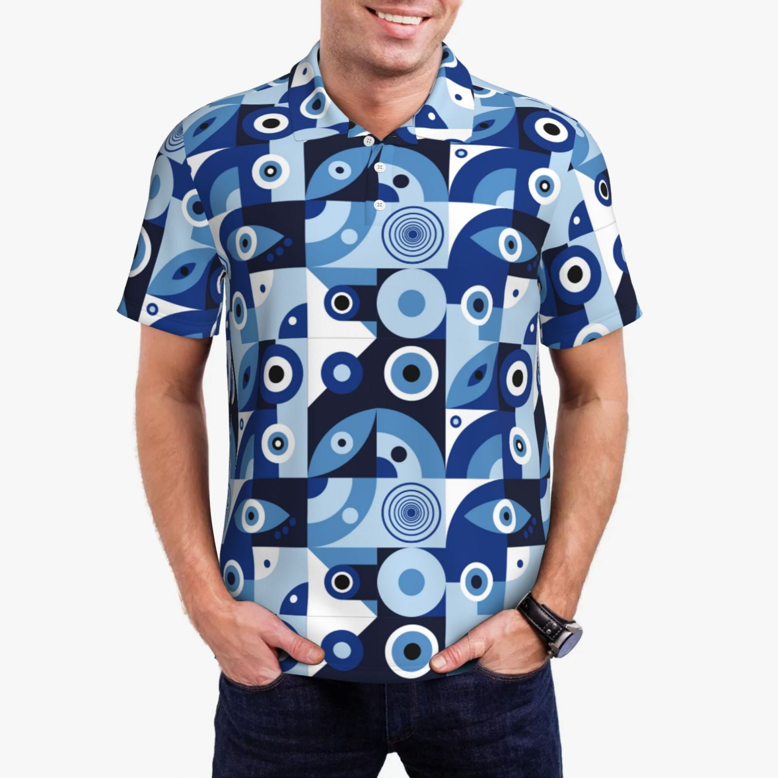 Fotbe Evil Eye Pattern Men’s Golf Polo Shirt – Breathable Performance ...