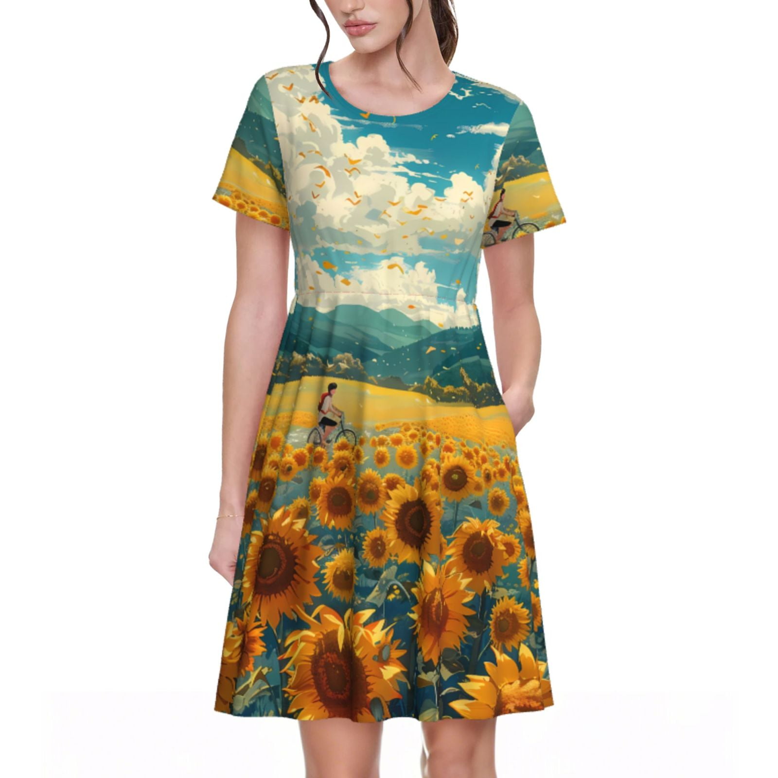 Fotbe Field Style Bicycle Young Sunflower Pattern Dress Casual Womens ...