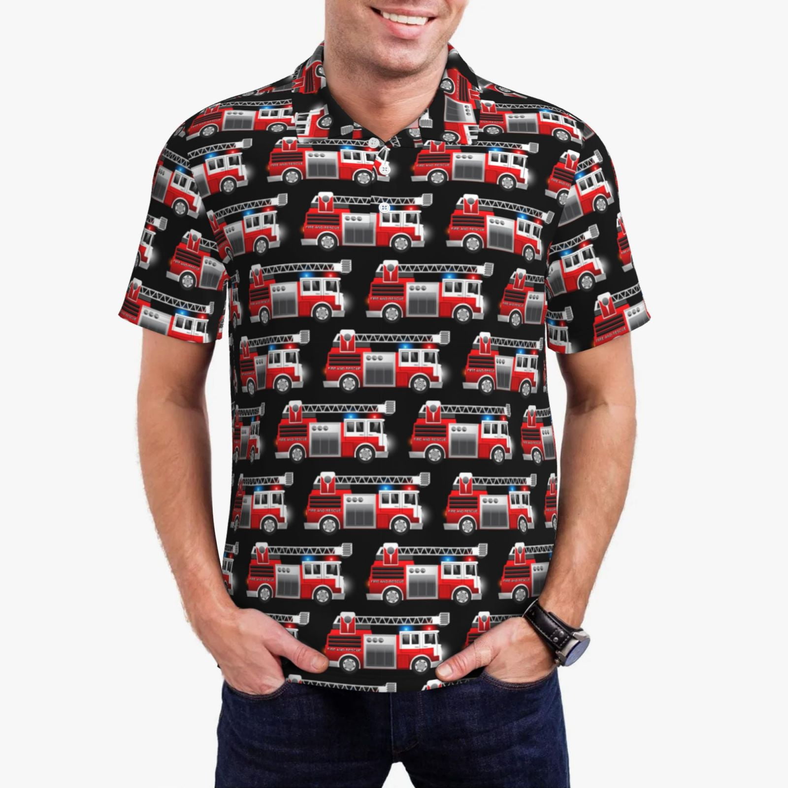 Fotbe Fire and Rescue Truck Pattern Men’s Golf Polo Shirt – Breathable ...