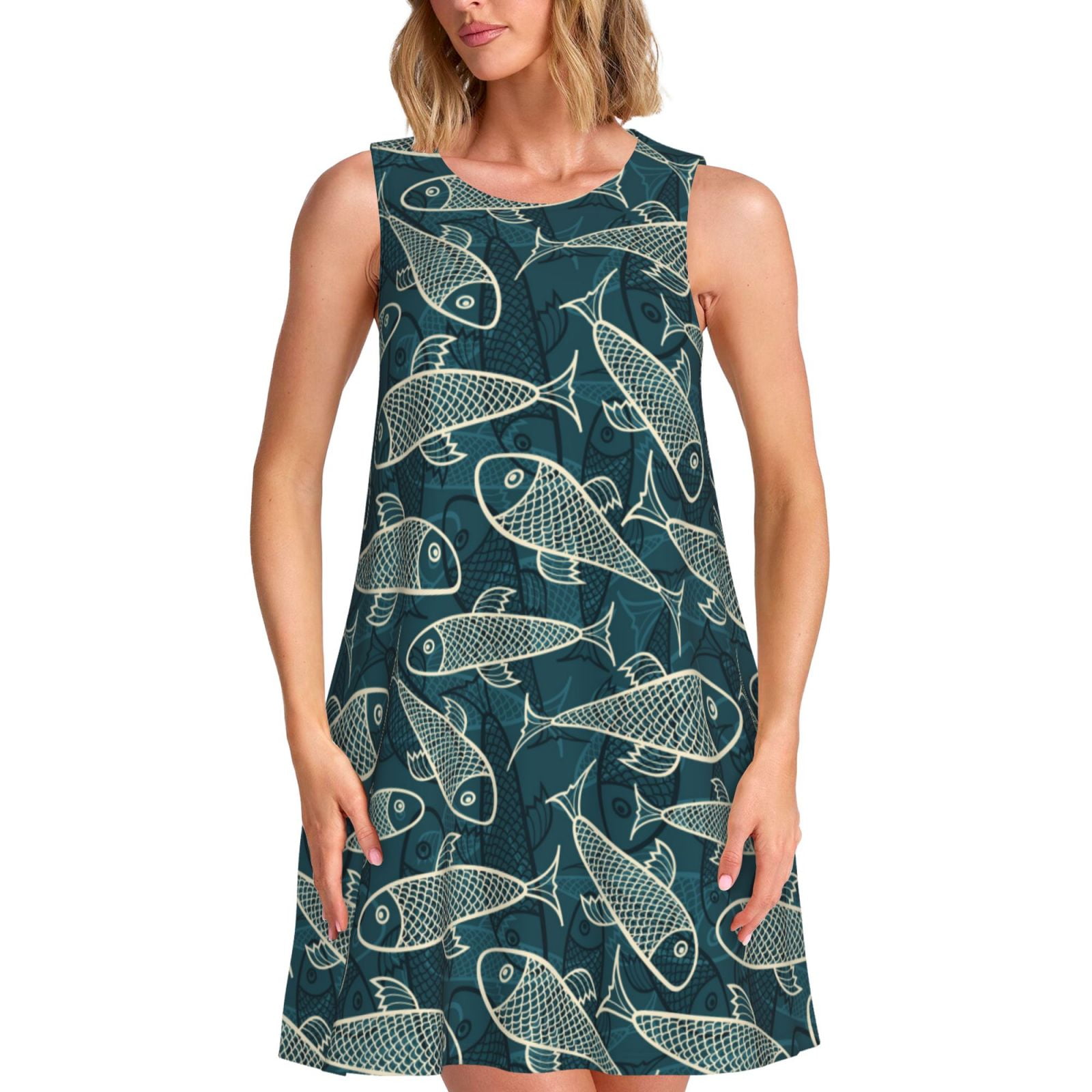 Fotbe Fish Style Pattern Women’s Summer Tank Midi Dress – Sleeveless A ...