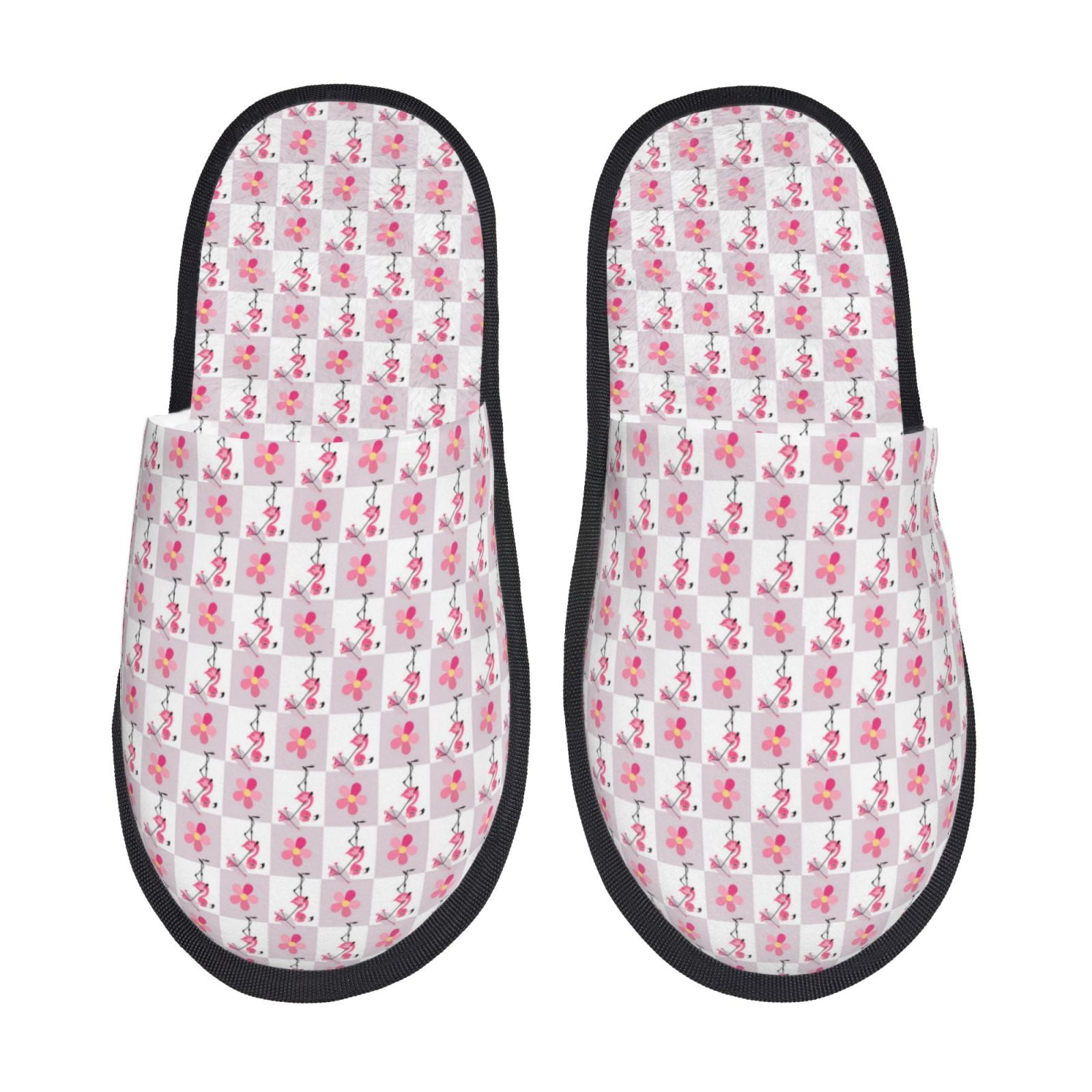 Fotbe Flamingo On Checkered Pattern Women's Fuzzy Slippers Plush ...