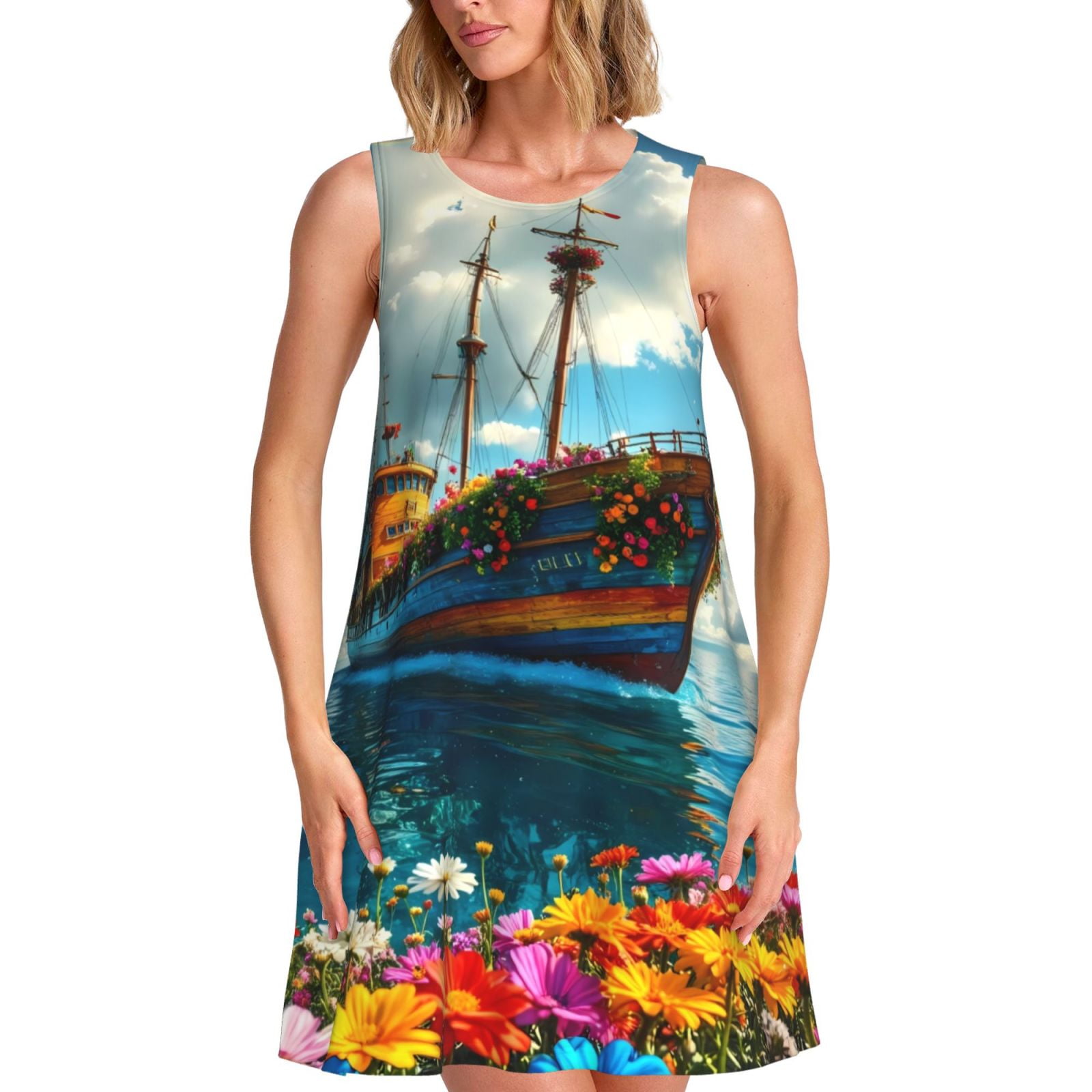 Fotbe Floral Ship On Ocean Pattern Women’s Summer Tank Midi Dress ...