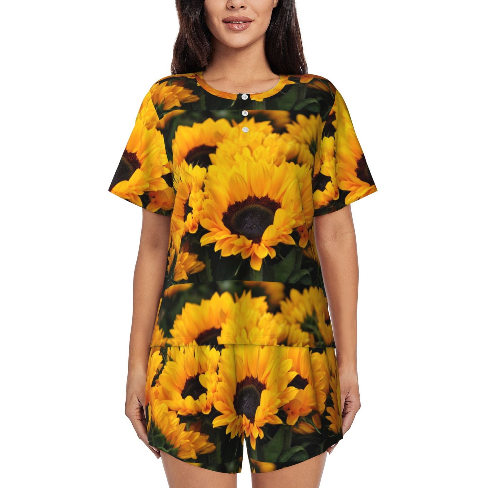 Fotbe Flower Bush Sunflower Print Pajama Set for Women 2 Piece ...