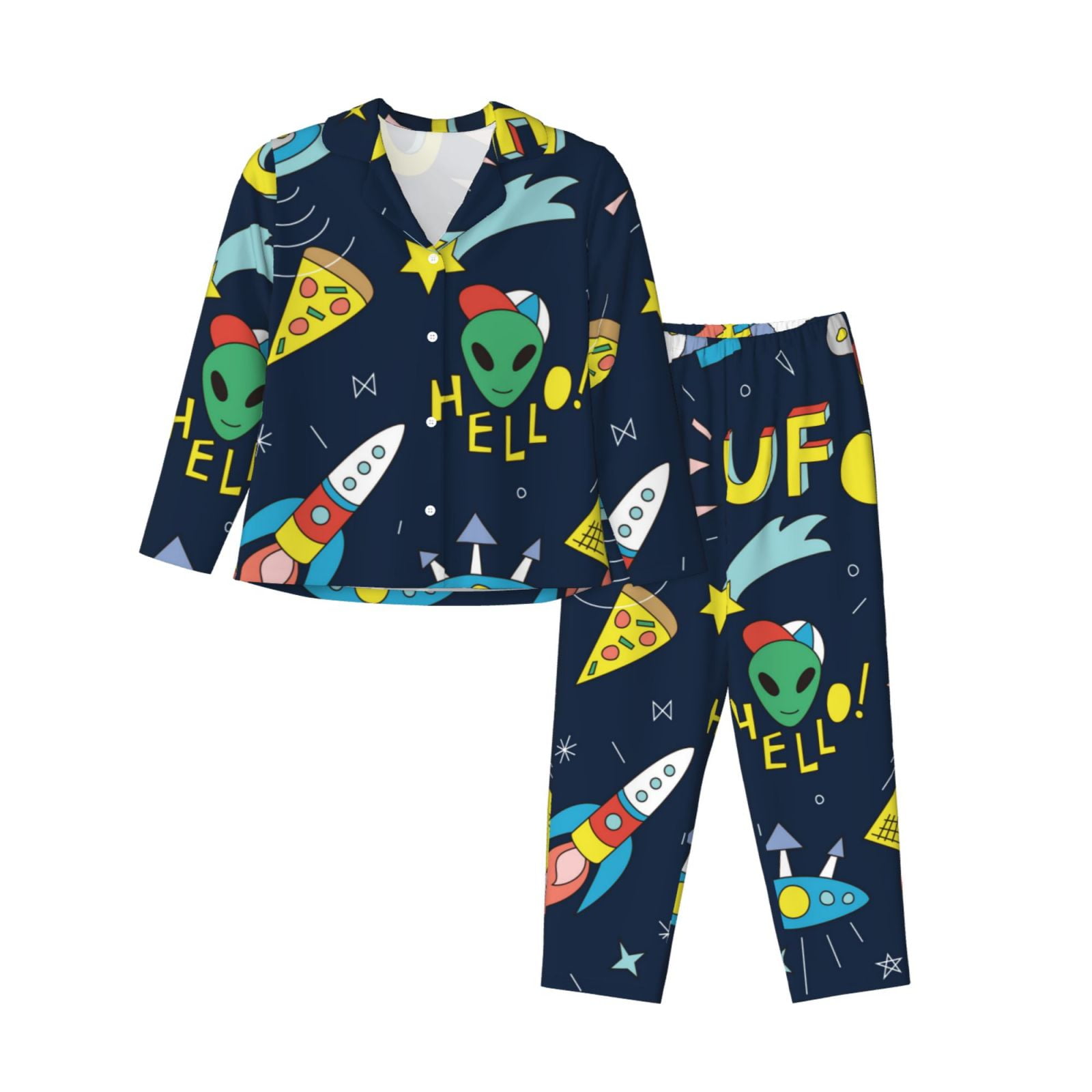 Fotbe Funny Spaceships Pattern Long Sleeve Pajama Set for Women ...