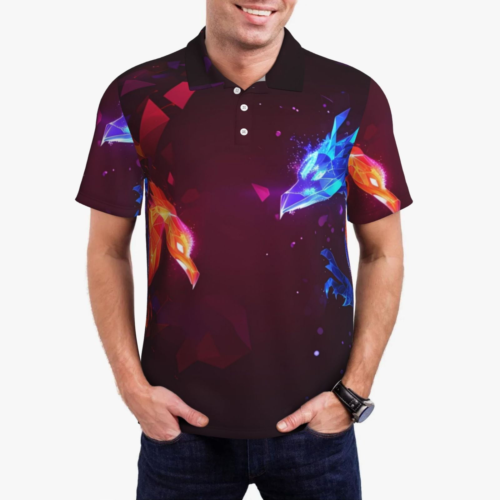 Fotbe Futuristic Red And Blue Bird Pattern Men’s Golf Polo Shirt ...