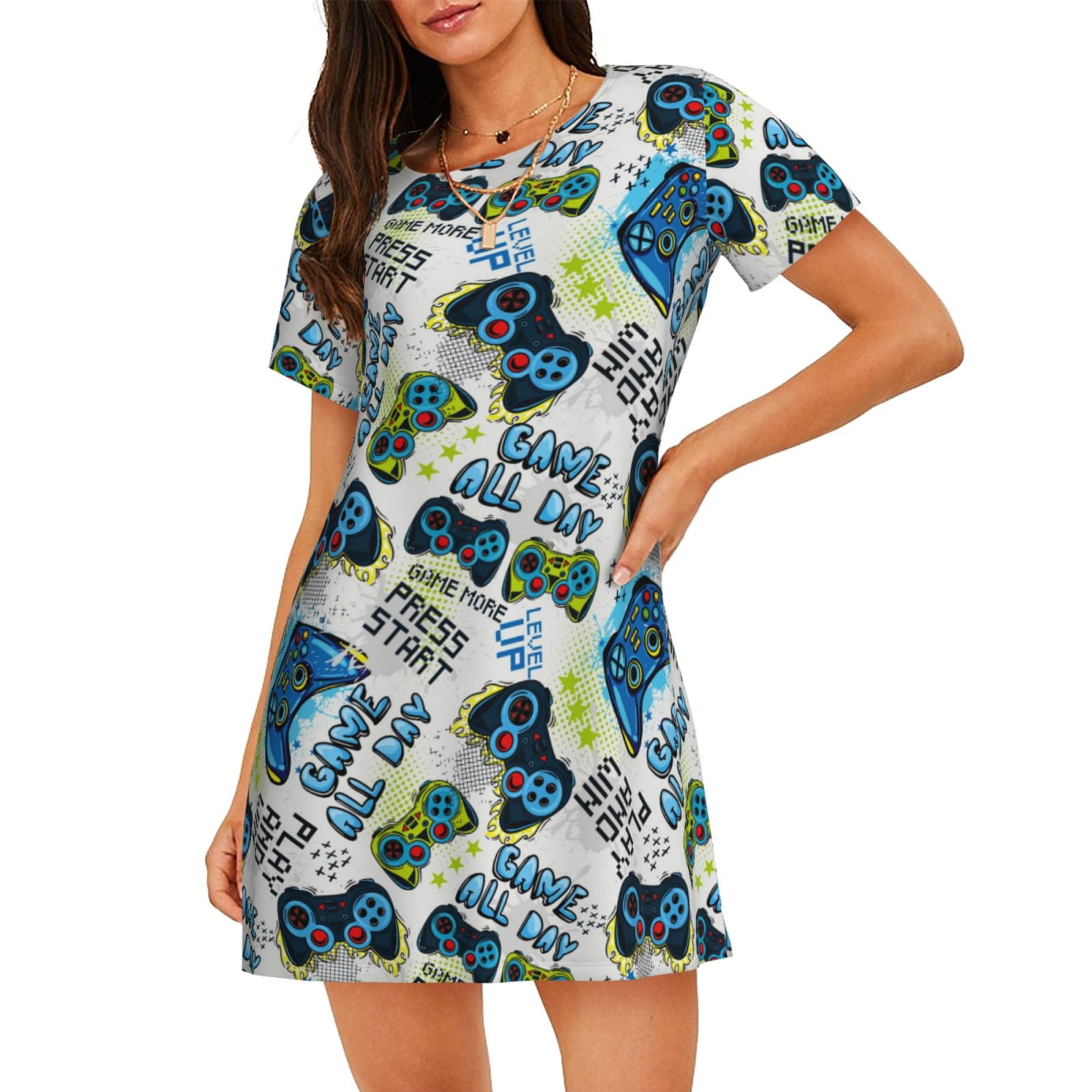 Fotbe Game All Day Pattern Women's Cotton Nightgown Sleepwear Short ...