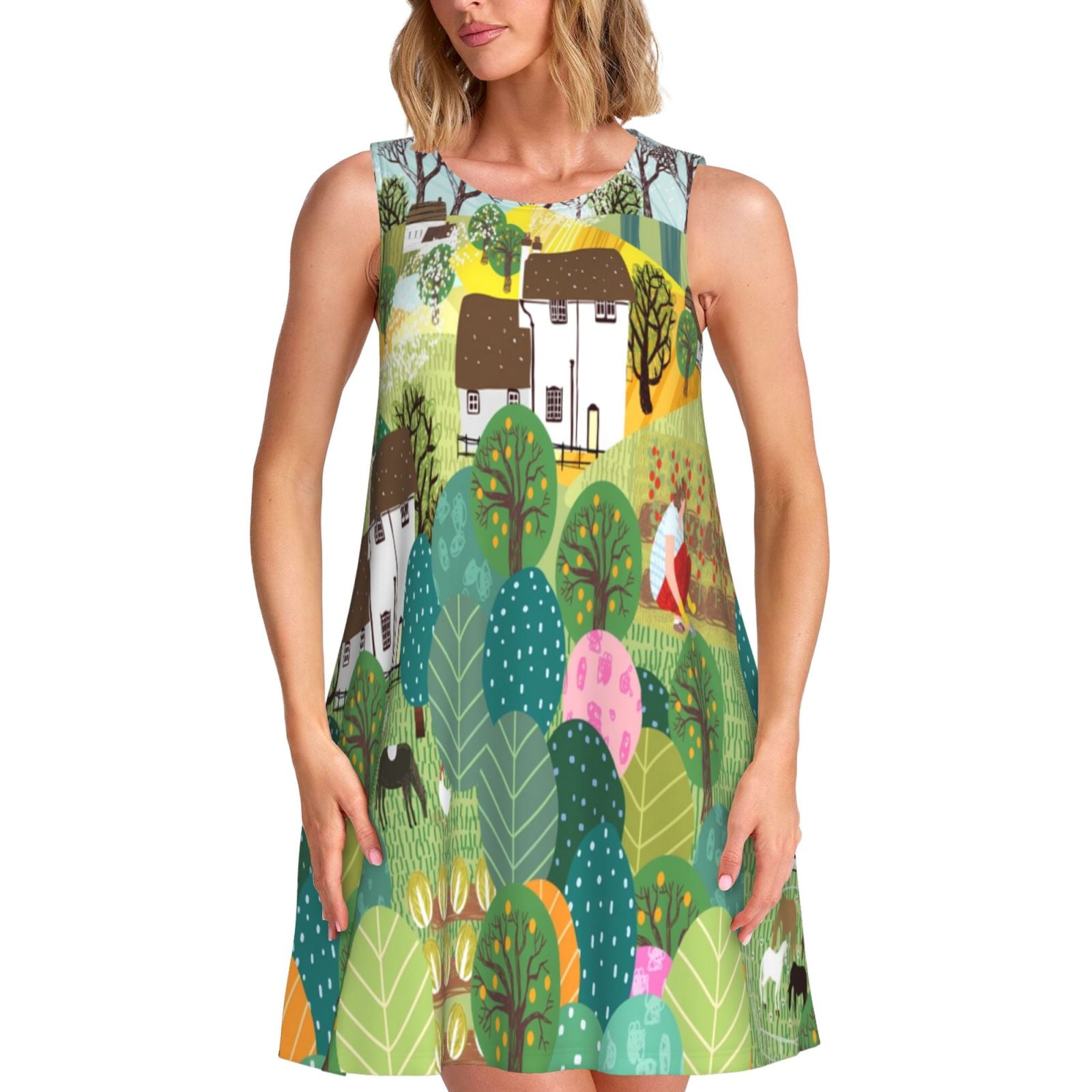 Fotbe Garden Farm Pattern Women’s Summer Tank Midi Dress – Sleeveless A ...
