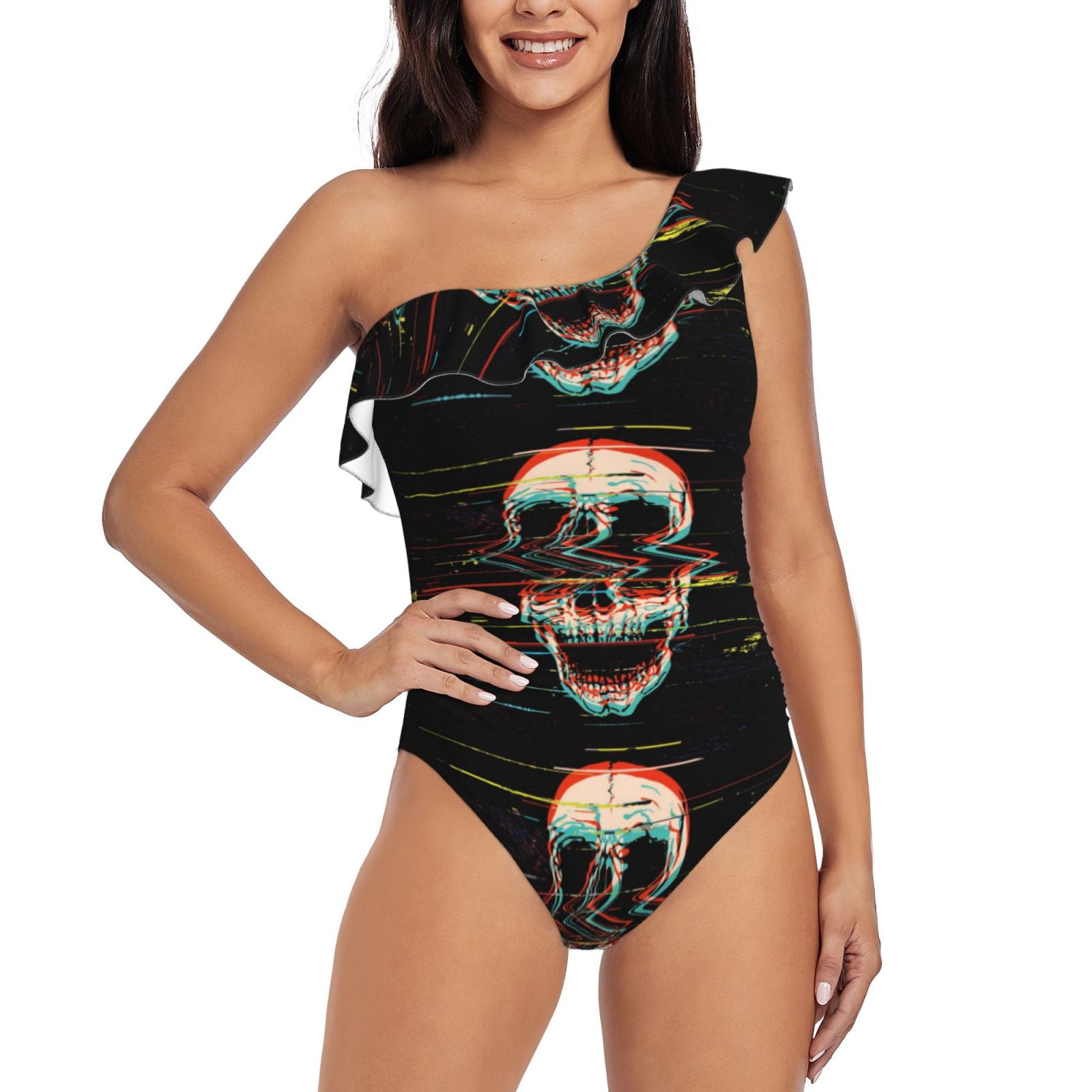 Fotbe Glitch Screaming Skull Women's One Piece Swimsuits One Shoulder Swimwear Ruched Tummy ...