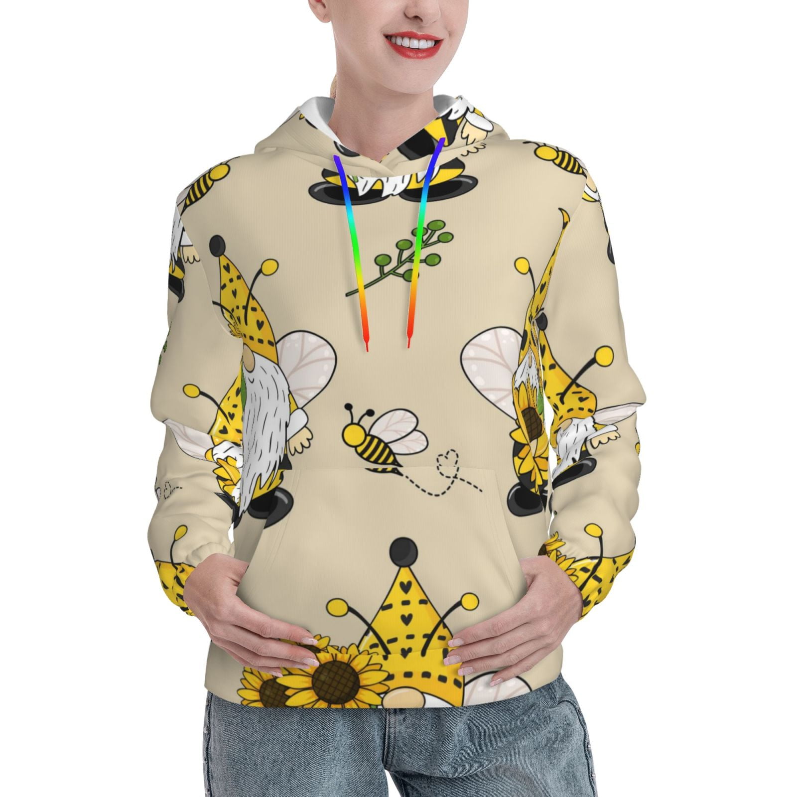 Fotbe Gnomes Bees And Sunflowers Pattern Womens Long Sleeve Hoodie ...