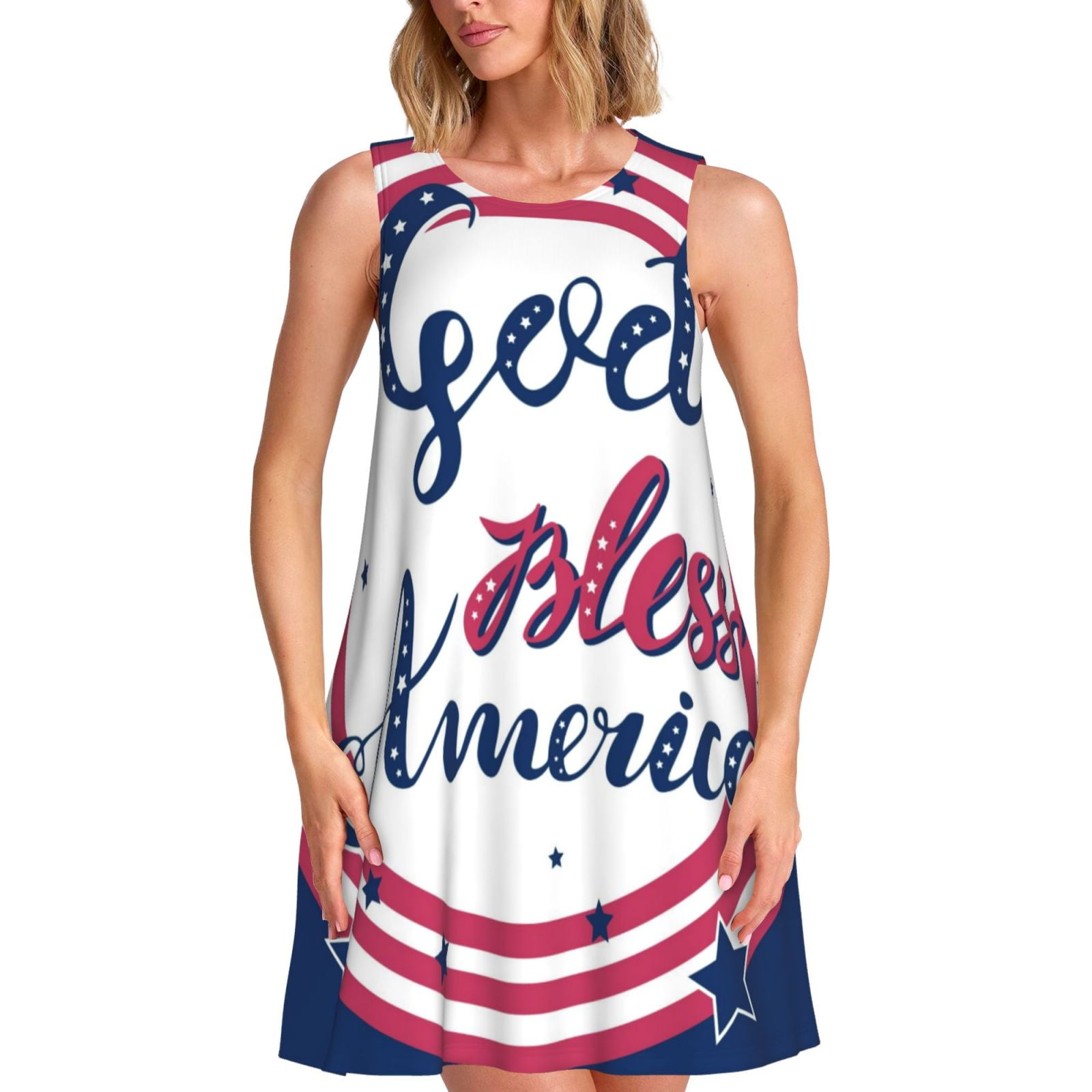 Fotbe God Bless America Patriotic Star Pattern Women’s Summer Tank Midi Dress – Sleeveless A ...