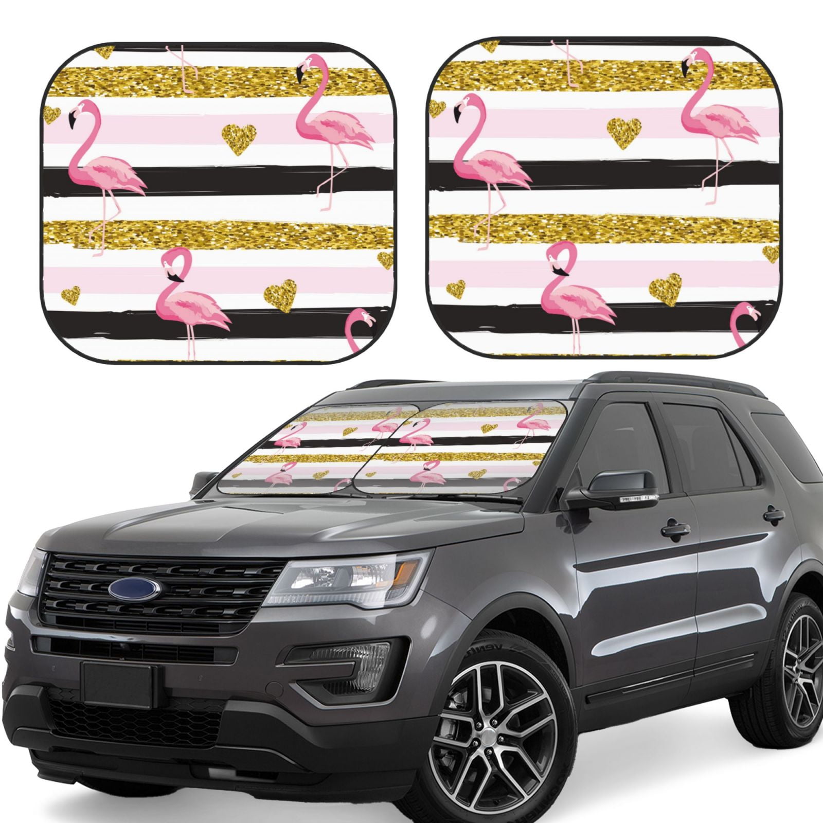 Fotbe Gold Glittering Hearts And Flamingos 2 Piece Car Windshield Sun