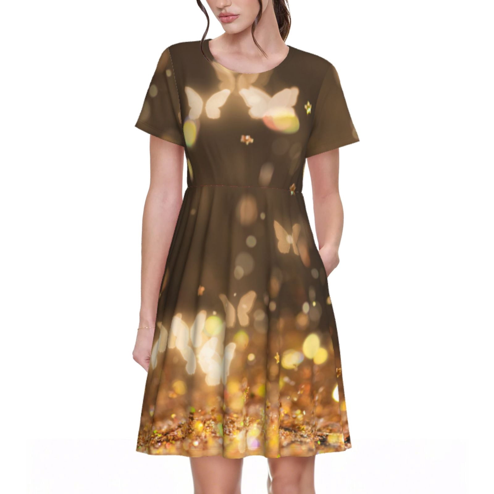 Fotbe Gold butterfly glitter Pattern Dress Casual Womens Fashion Short ...