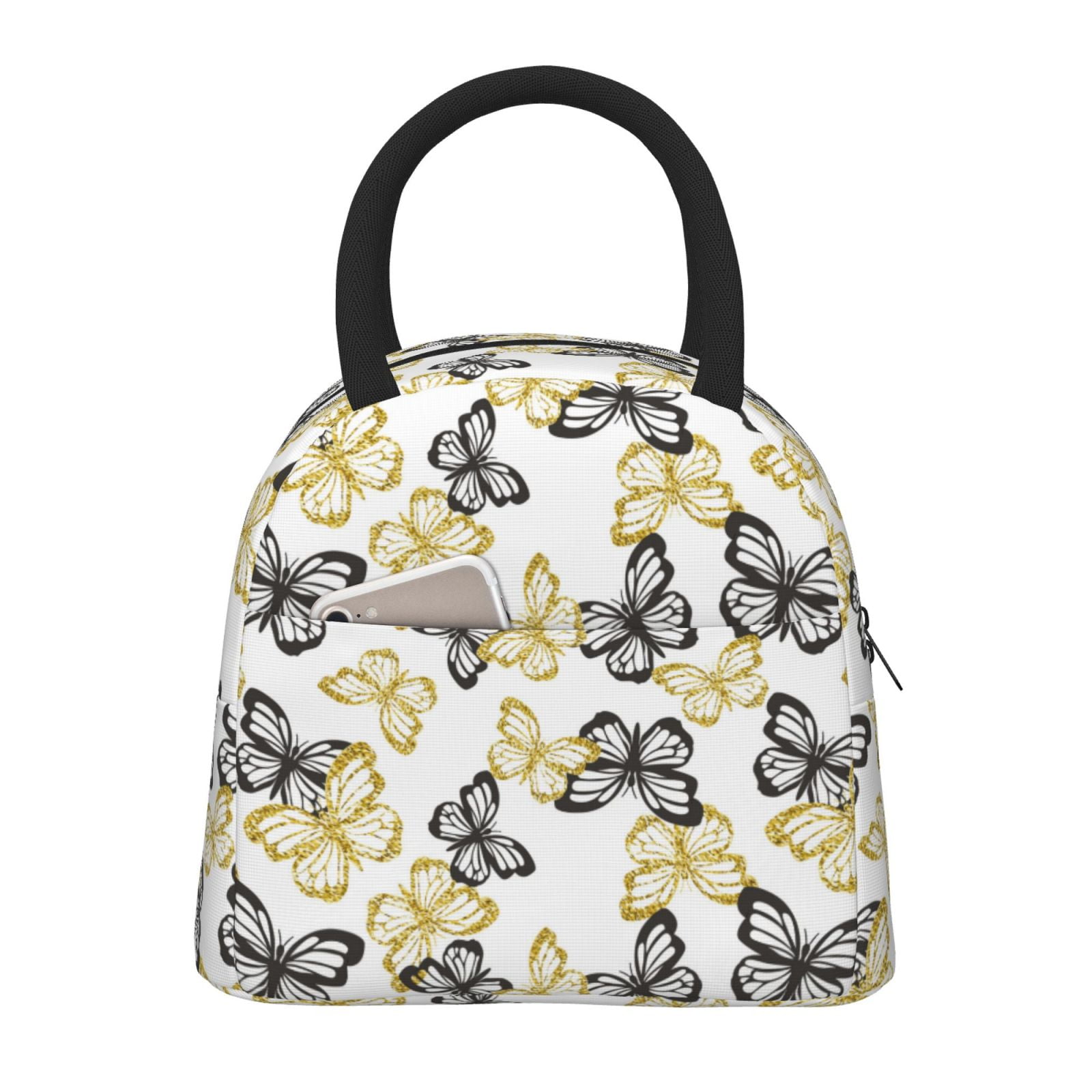 Fotbe Golden Glitter Butterflies Pattern Lunch Bag, Insulated Lunch Box ...