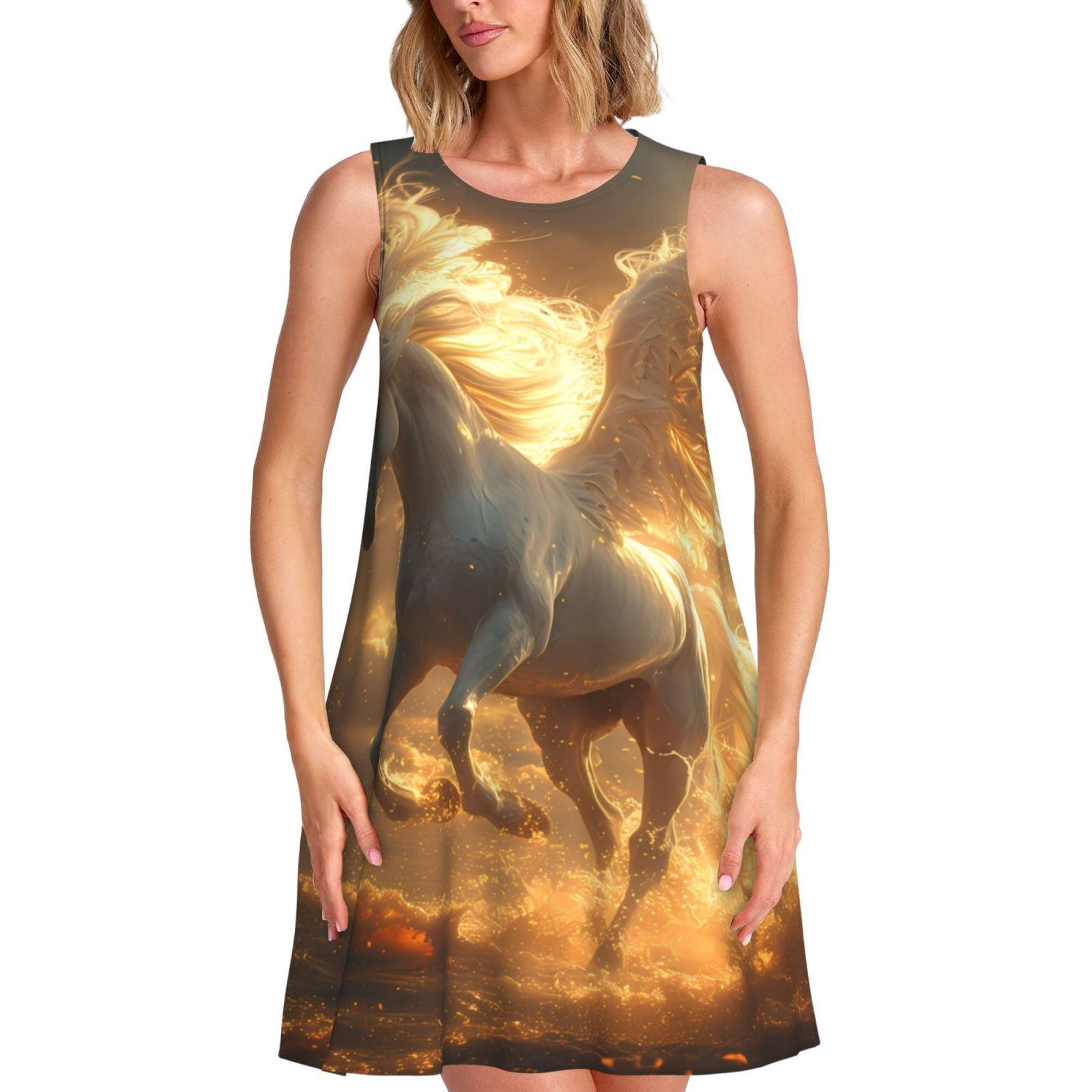 Fotbe Golden Winged White Horse Pattern Women’s Summer Tank Midi Dress ...