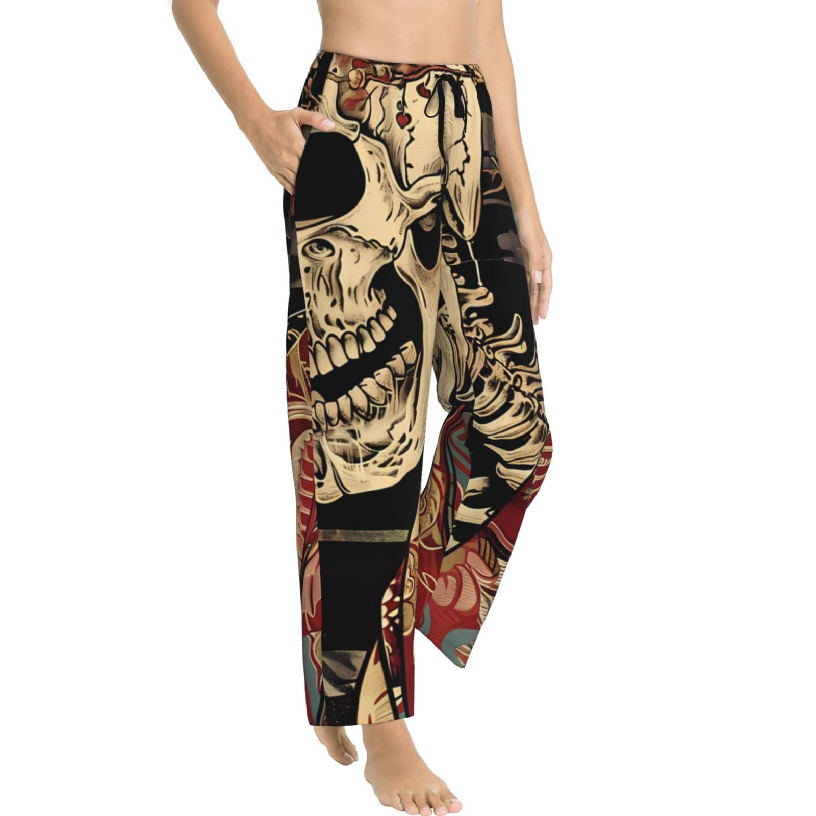 Fotbe Gothic Eastern Floral Skull Women's Pajama Pants,Sleepwear Pants ...