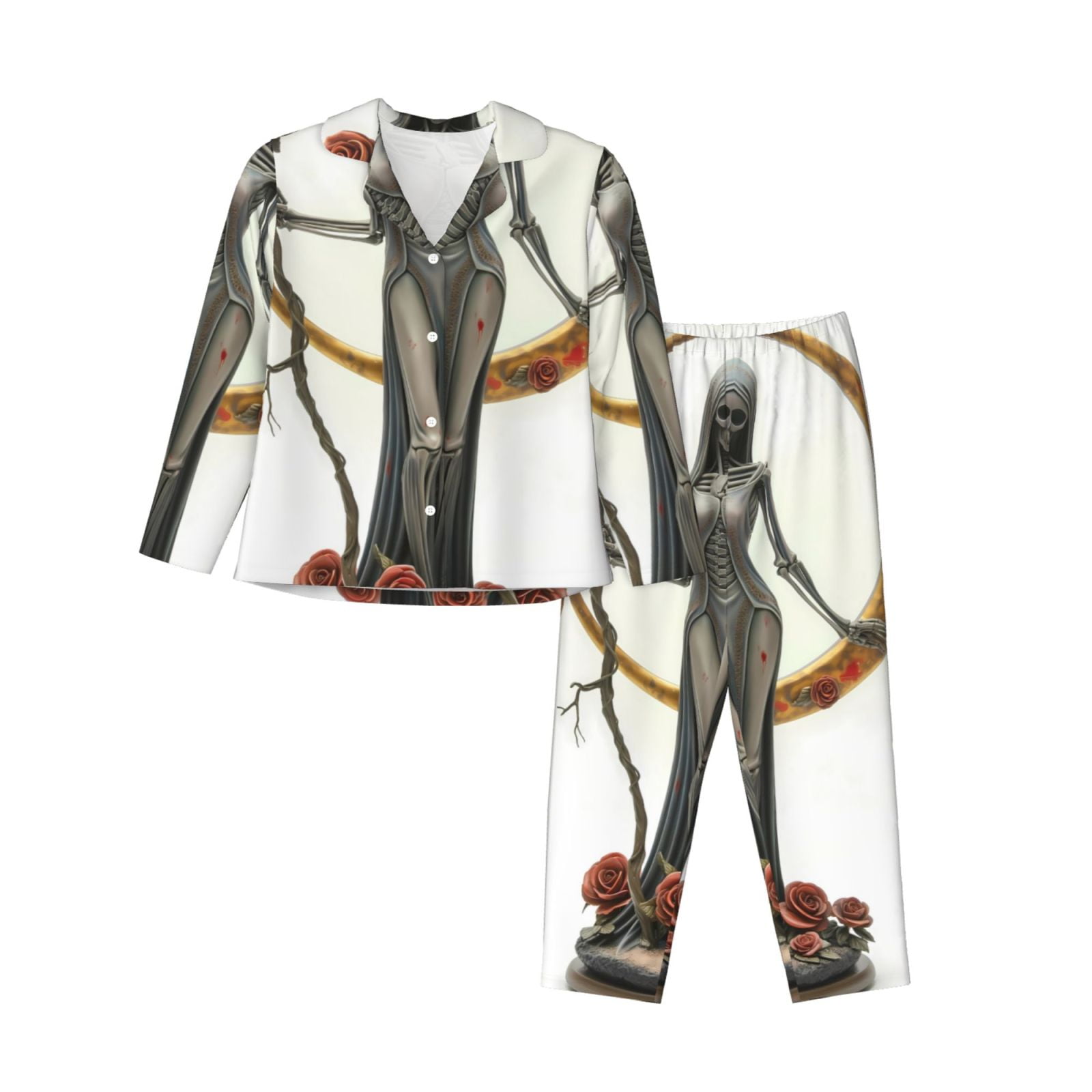 Fotbe Gothic Skeleton With Roses Pattern Long Sleeve Pajama Set for ...
