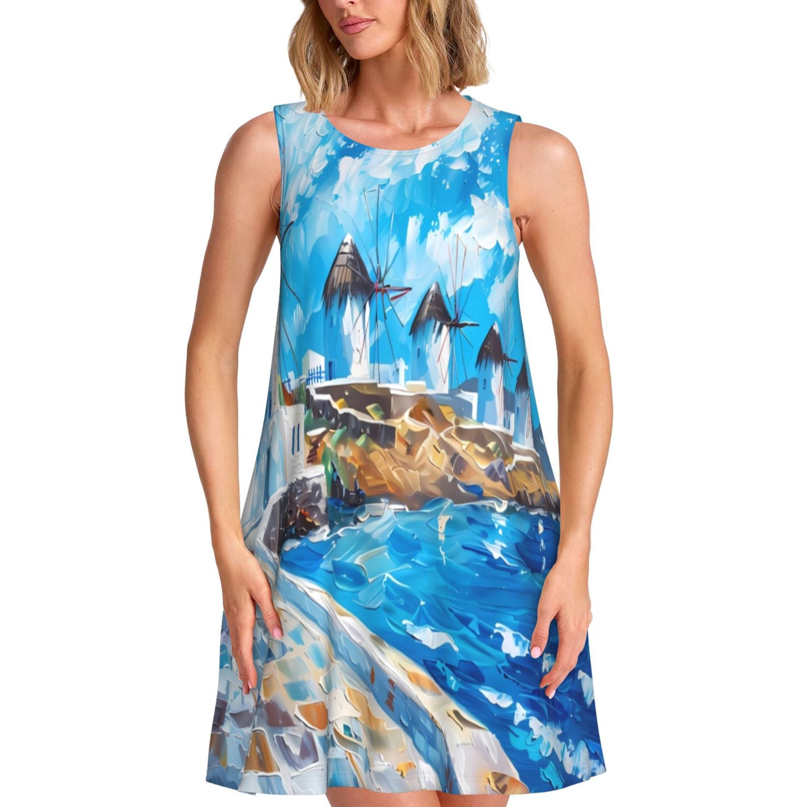 Fotbe Greek Island Windmills Painting Pattern Women’s Summer Tank Midi ...