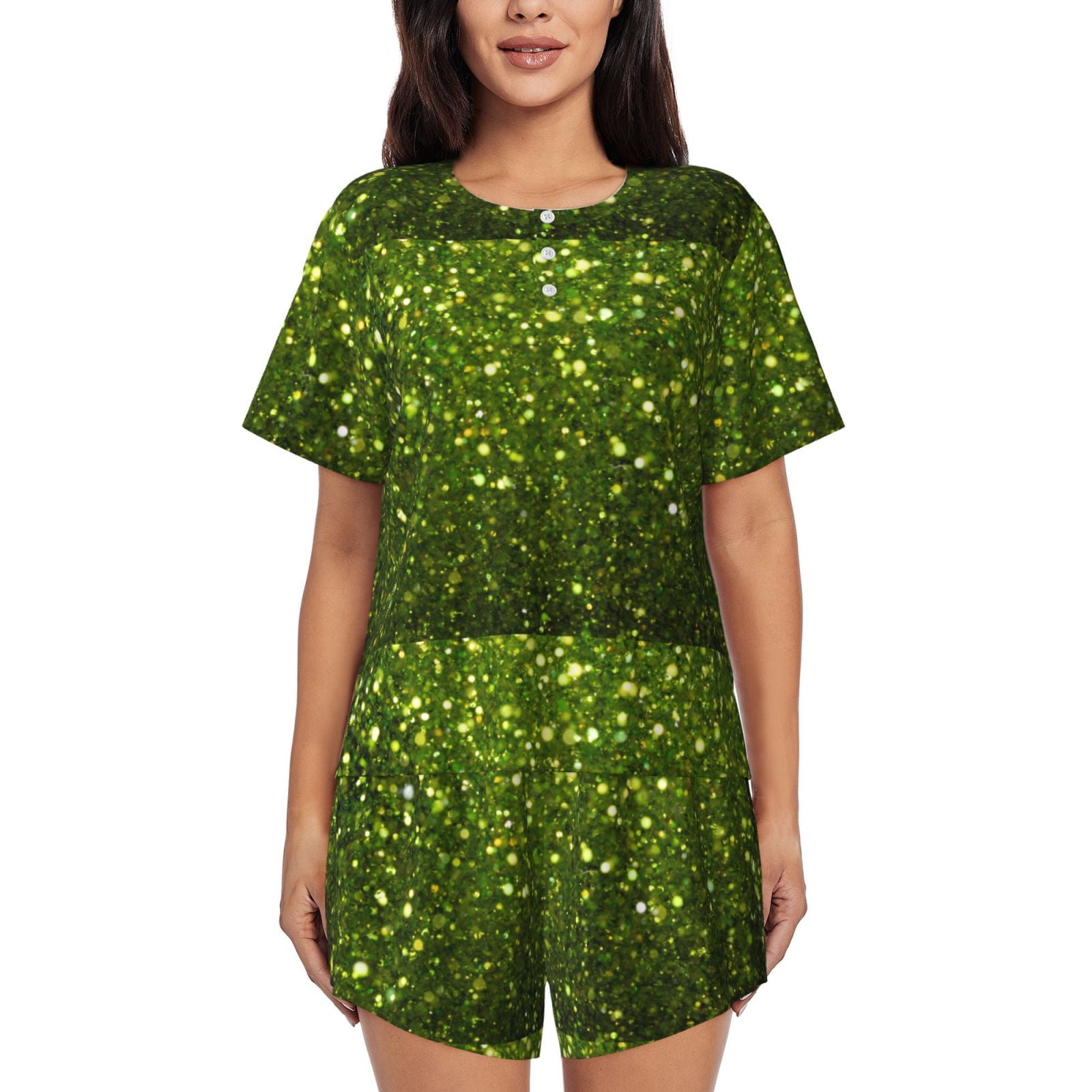Fotbe Green Glitter Sparkle Print Pajama Set for Women 2 Piece ...